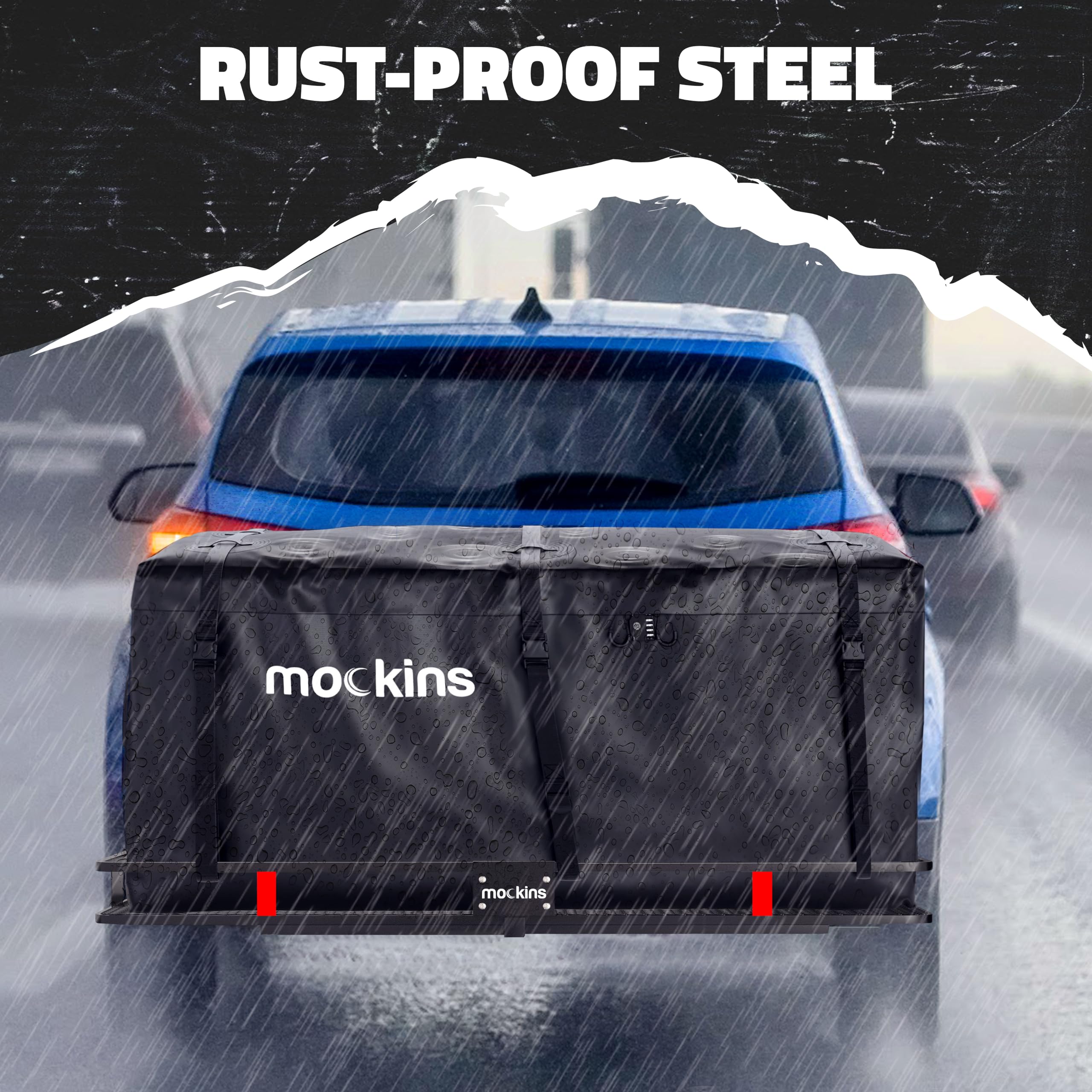 Mockins 60"x20"x6" Folding Trailer Hitch Cargo Carrier Weatherproof | 500 Lbs Cap Luggage Rack for SUV, Cars & Trucks| Universal 2" Receiver Hitch Cargo Rack with Car Carrier Accessories