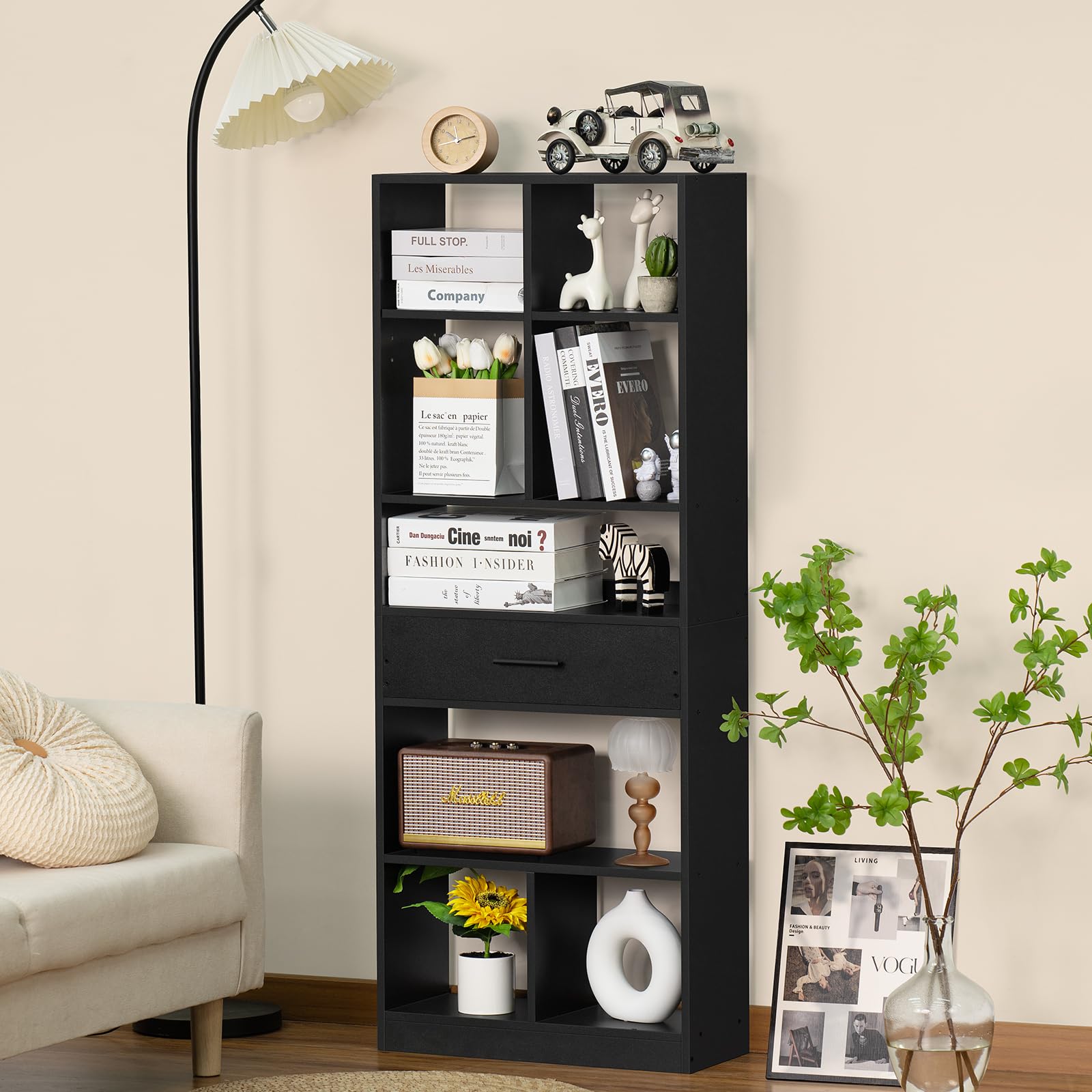 LELELINKY 6 Tier Open Bookshelf Mid Century Modern Bookcase, Wood Book Shelf with 8 Cubes and a Drawer, Floor Freestanding Bookshelves Cube Storage Organizer for Bedroom, Living Room, Office (Black)
