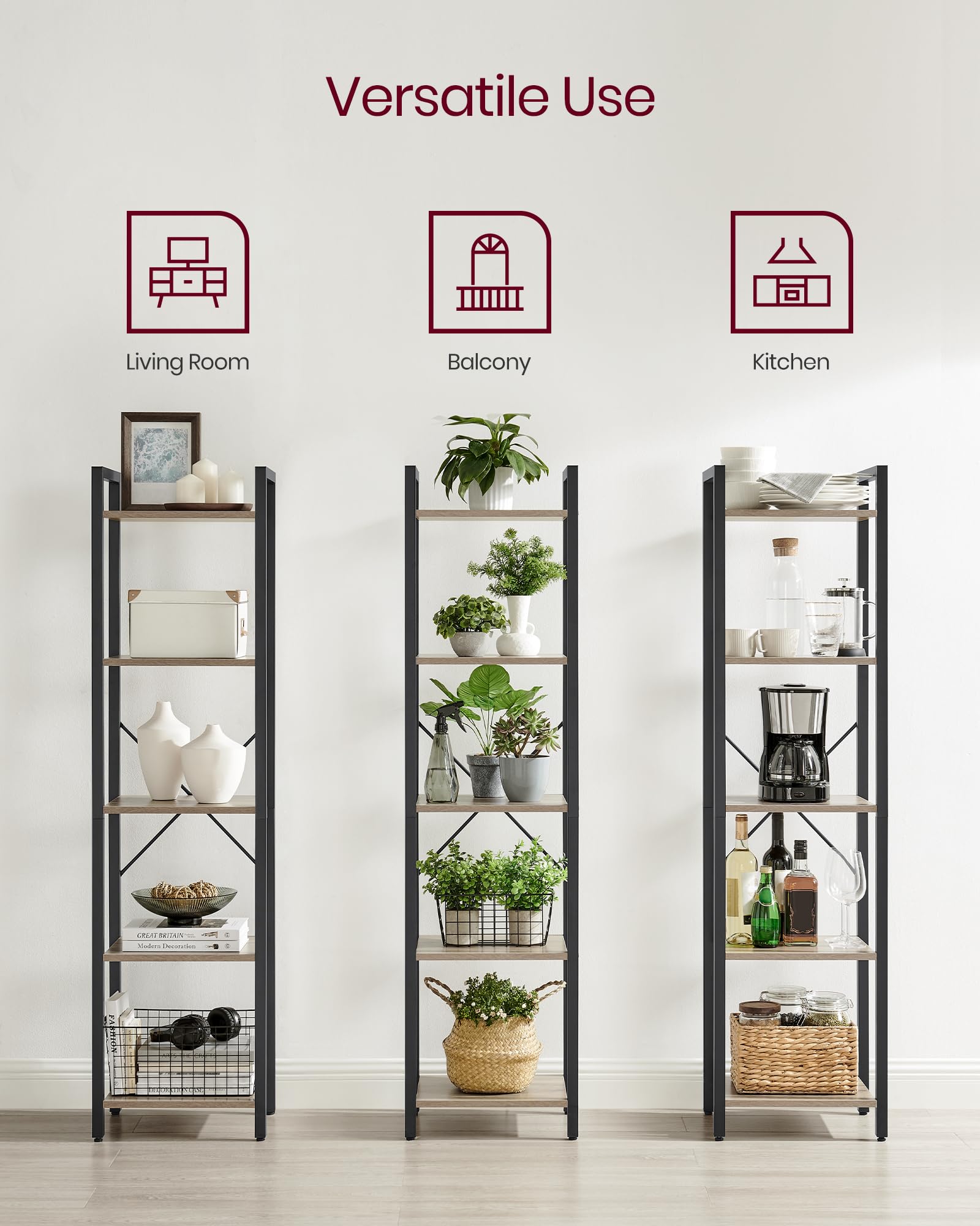 VASAGLE 5-Tier Bookshelf, Bookcase with Steel Frame, Book Shelf for Living Room, Home Office, Study, 11.8 x 15.7 x 60.2 Inches, Industrial Style, Heather Greige and Ink Black ULLS100B02