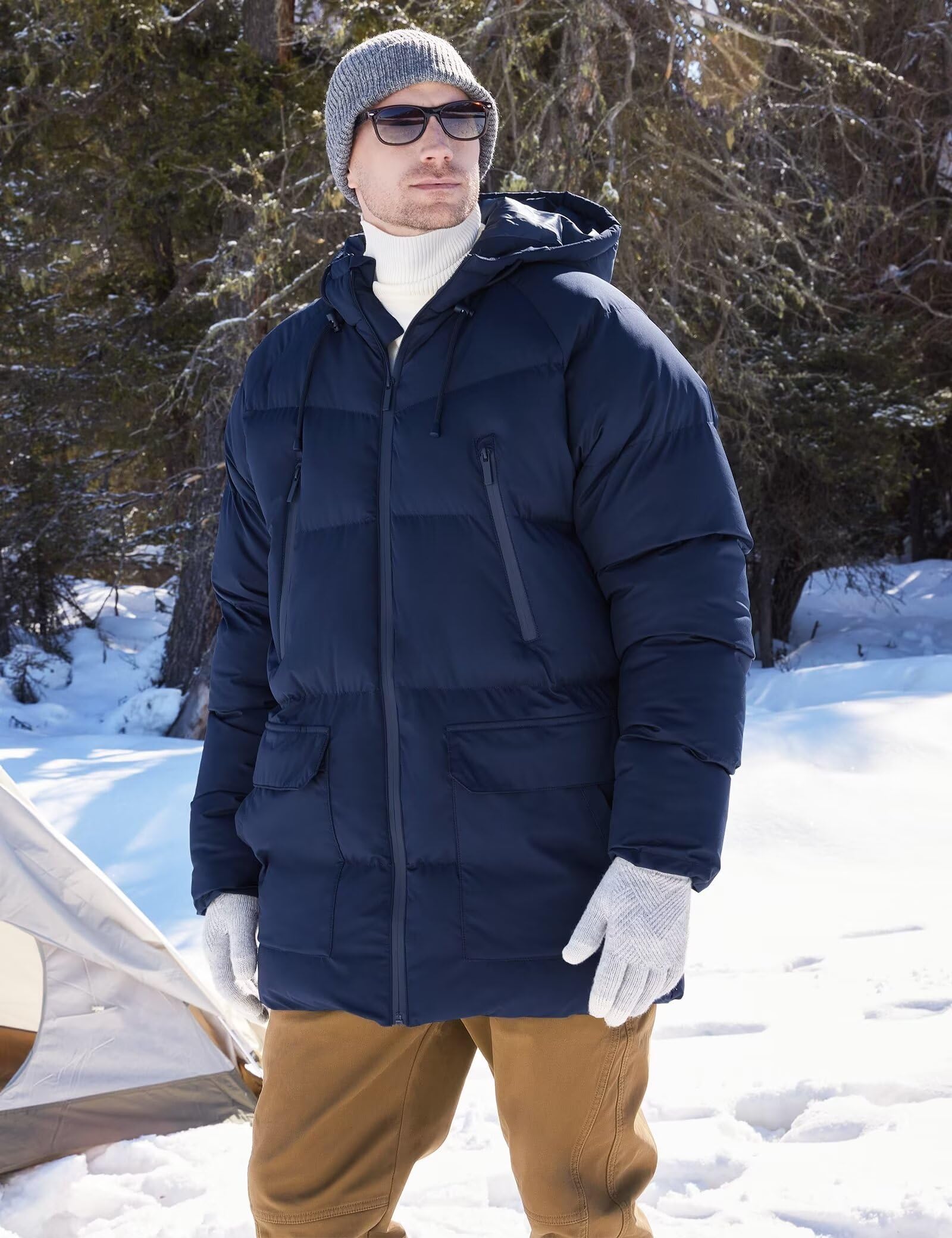 Rejork Men's Long Winter Coat Hooded Warm Quilted Jacket Water-resistant Cold Weather Parka Navy M