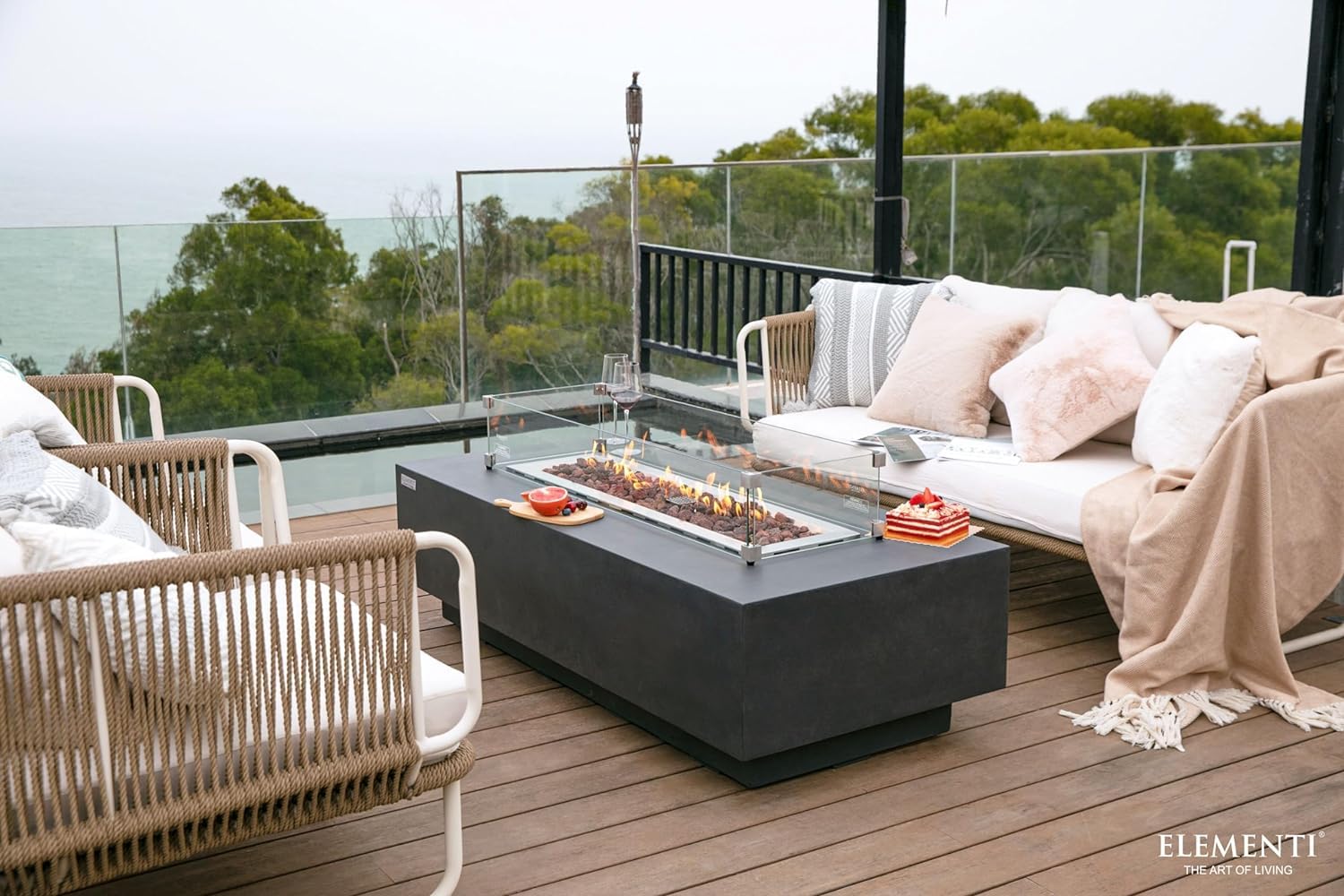 Elementi Granville Gas Fire Pit Cast Concrete Fire Table, Outdoor Fire Pit Electronic Ignition | Canvas Cover, Lava Rock Included | Free AMS Wind Guard & Table-top Firepit | Dark Gray (Natural Gas)