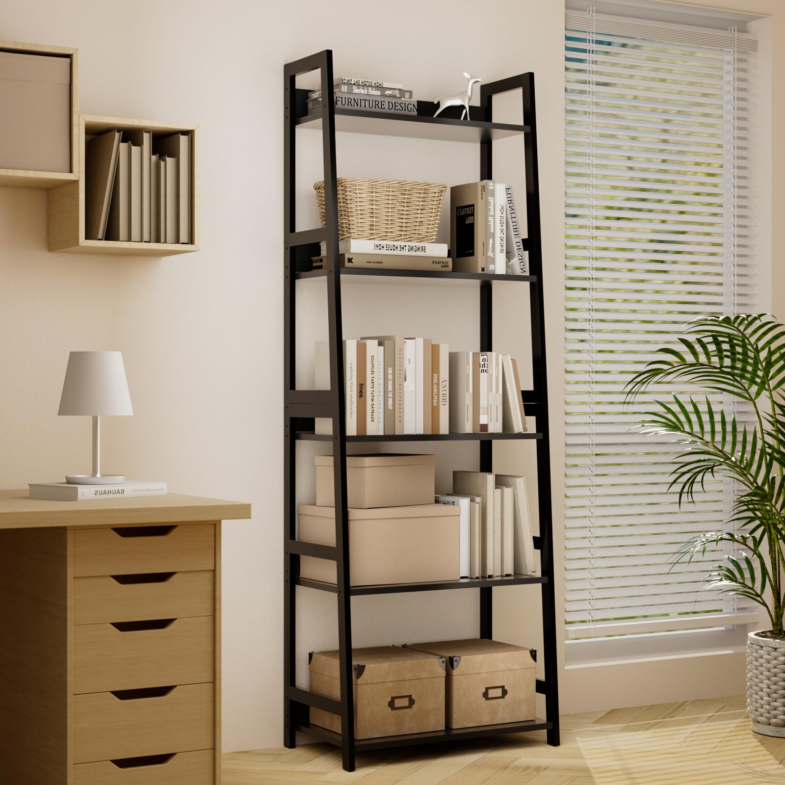 PPN Bookshelf - 5-Tier Tall Bookcase - Ladder Shelf for Bedroom/Living Room/Home Office - Black