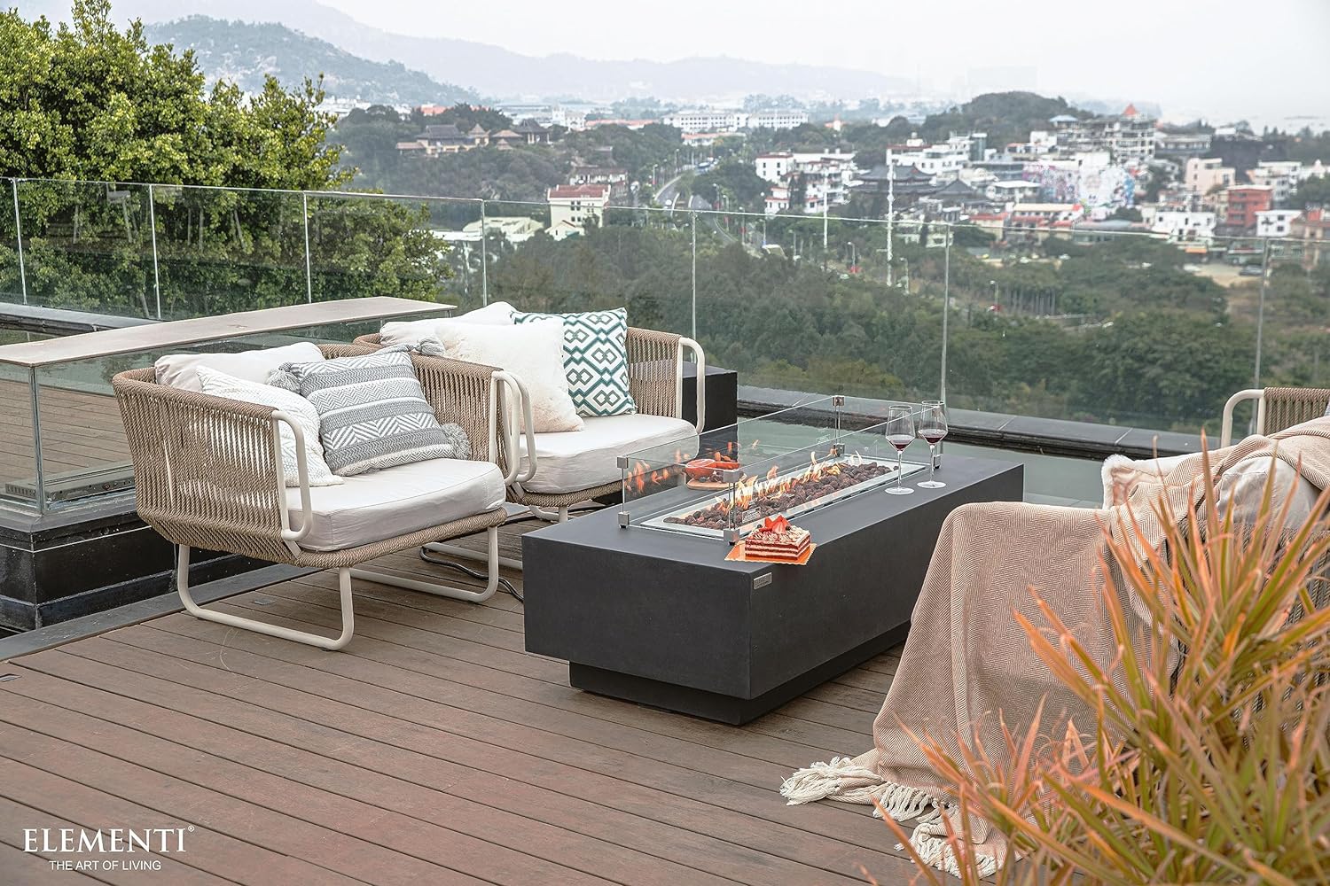Elementi Granville Gas Fire Pit Cast Concrete Fire Table, Outdoor Fire Pit Electronic Ignition | Canvas Cover, Lava Rock Included | Free AMS Wind Guard & Table-top Firepit | Dark Gray (Natural Gas)