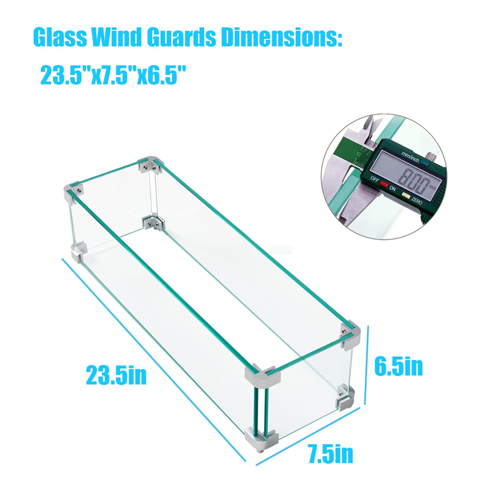 DONSIQIZZ Fire Pit Glass Wind Guard Rectangular 23.5" x 7.5" x 6.5", Glass Table Top Firepit Clear Tempered Glass Flame Guard, Rectangle Tabletop Fire Pit Glass Shield for Propane, Gas, Outdoor