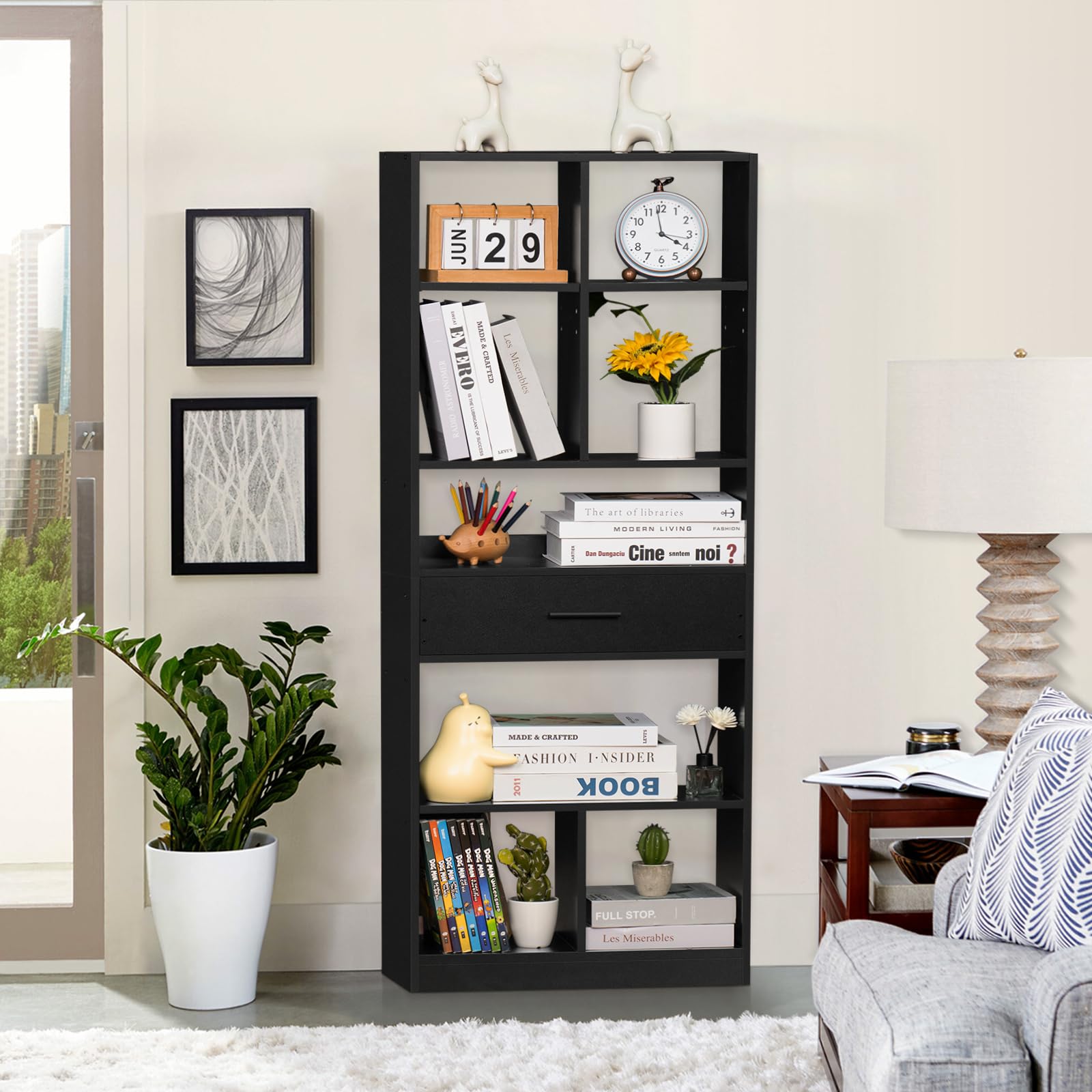 LELELINKY 6 Tier Open Bookshelf Mid Century Modern Bookcase, Wood Book Shelf with 8 Cubes and a Drawer, Floor Freestanding Bookshelves Cube Storage Organizer for Bedroom, Living Room, Office (Black)