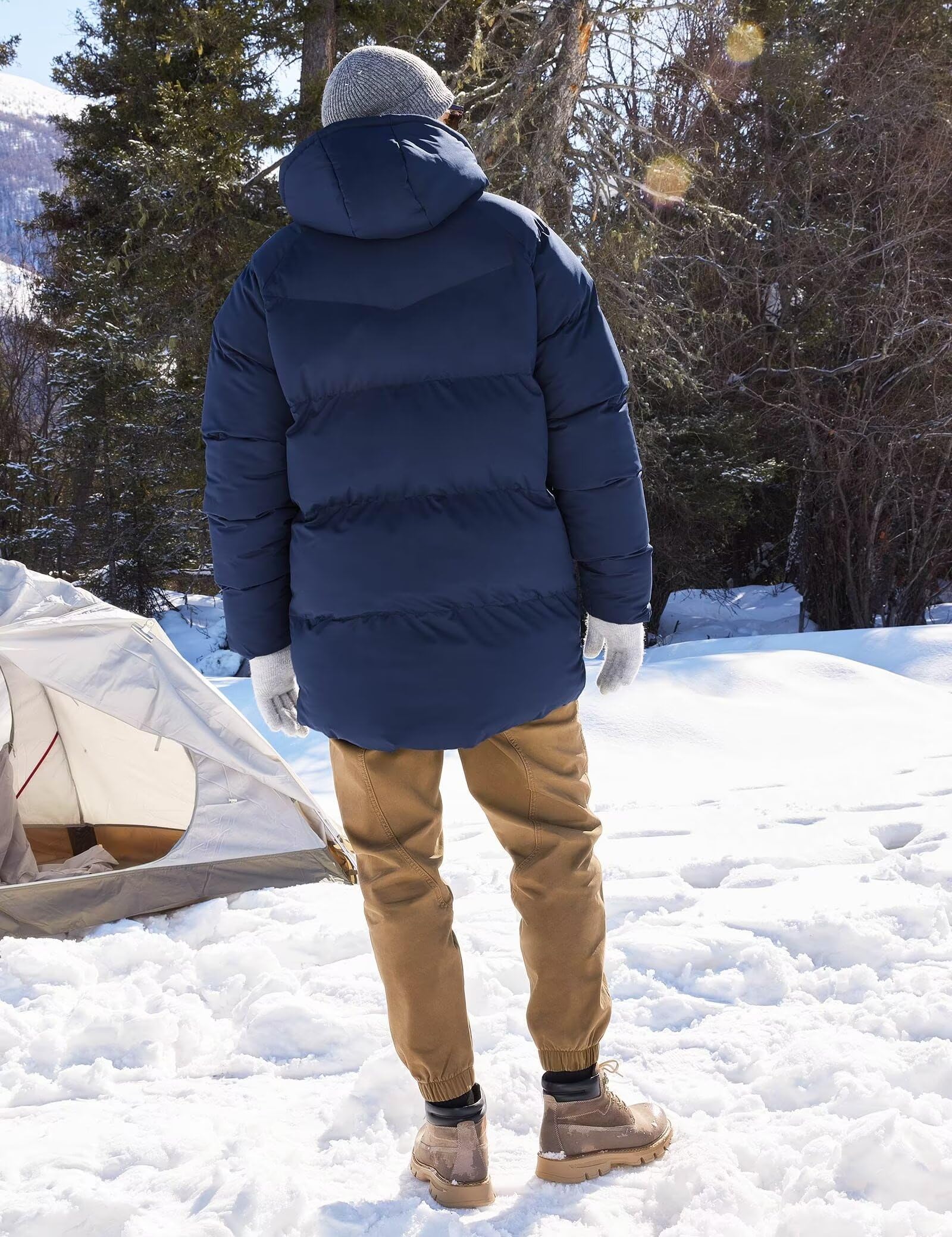 Rejork Men's Long Winter Coat Hooded Warm Quilted Jacket Water-resistant Cold Weather Parka Navy M