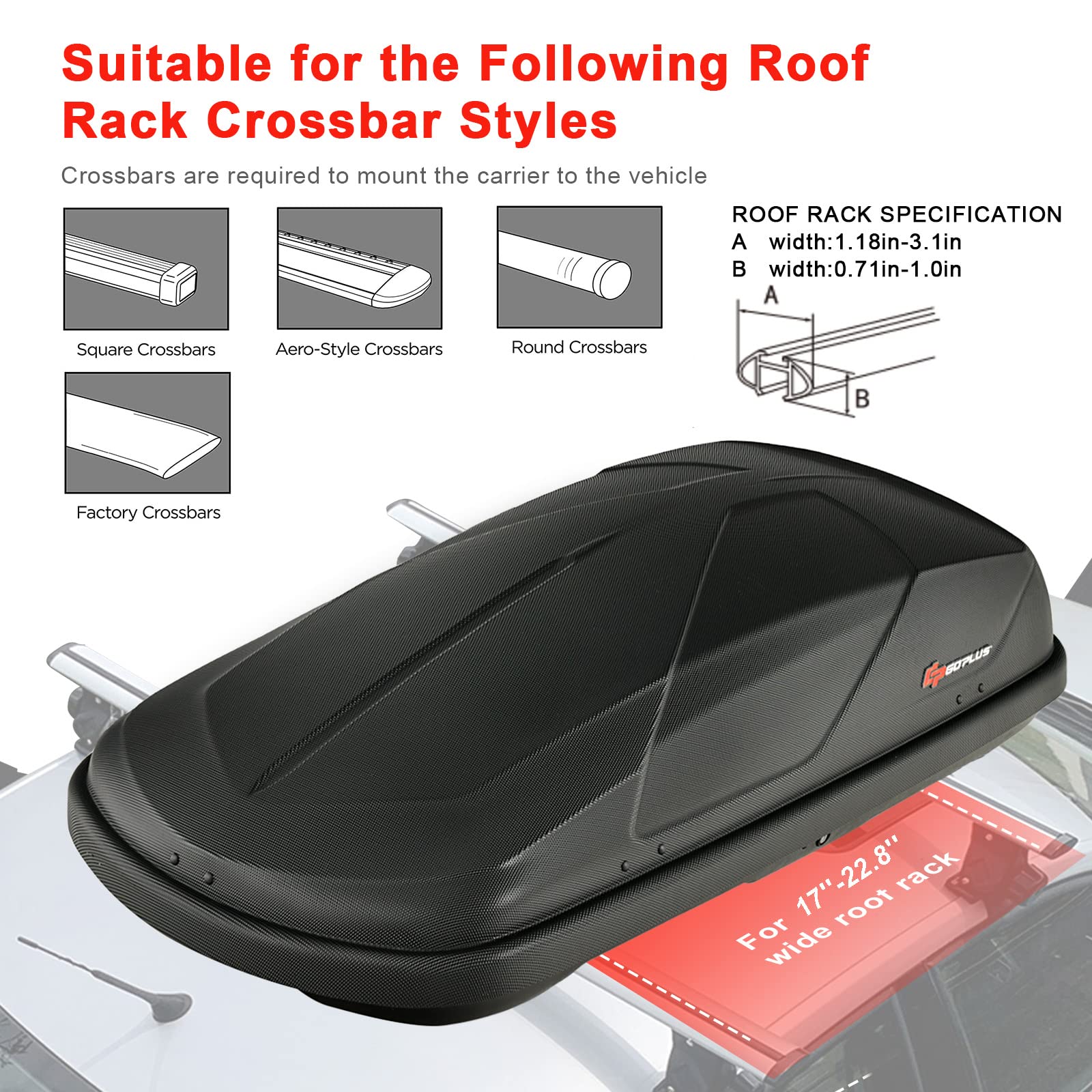 Goplus Rooftop Cargo Carrier Hard Shell, 14 Cubic Feet Waterproof Car Roof Cargo Carrier w/Dual Side Opening, Security Key, 165LBS Capacity, for 17β to 22.8β Wide Crossbar Rack, Vehicle Cargo Box