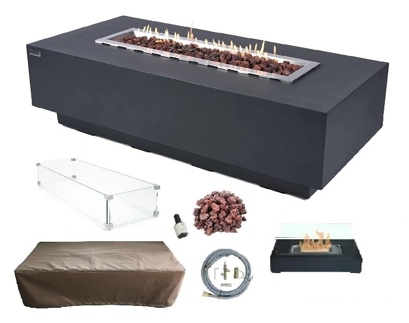 Elementi Granville Gas Fire Pit Cast Concrete Fire Table, Outdoor Fire Pit Electronic Ignition | Canvas Cover, Lava Rock Included | Free AMS Wind Guard & Table-top Firepit | Dark Gray (Natural Gas)