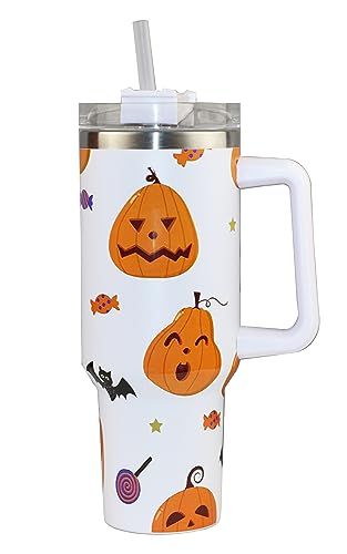 QEAGVJ Halloweeen 40oz Tumbler With Lid and Straw Stainless Steel 40oz Halloween Spooky Pumpkin Tumbler Cup with Handle,Halloween Tumbler Cups,Insulated Spooky Travel Coffee Mug…