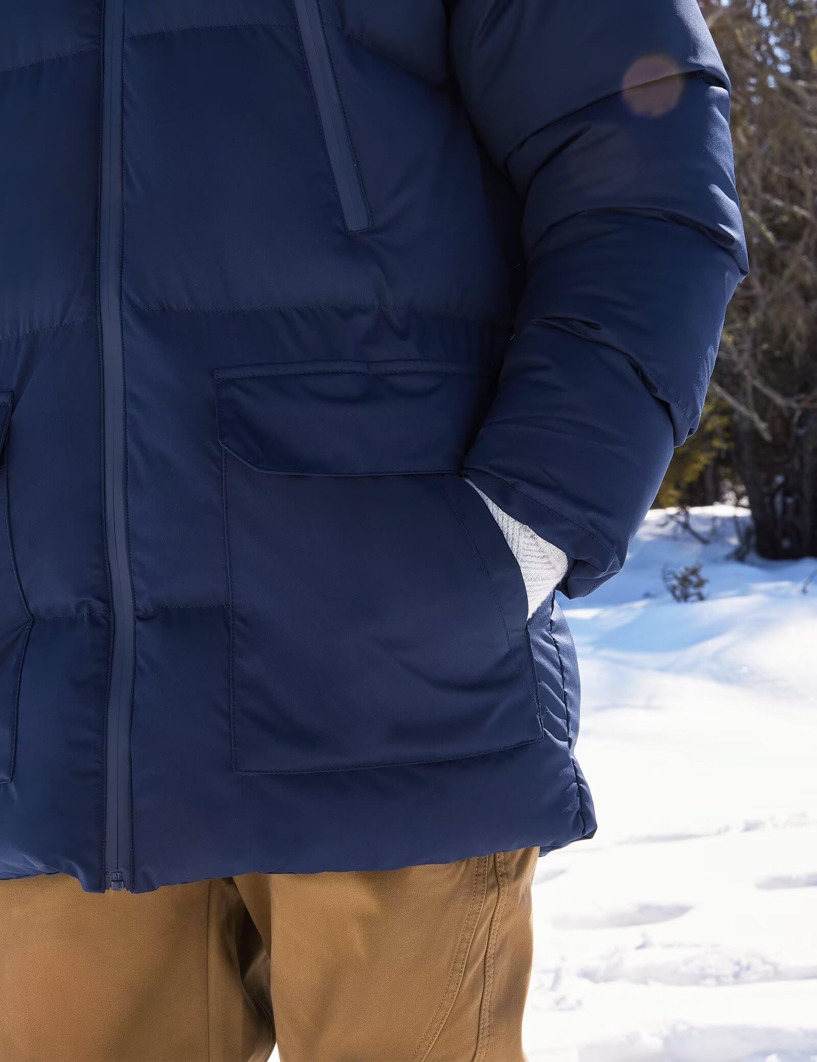Rejork Men's Long Winter Coat Hooded Warm Quilted Jacket Water-resistant Cold Weather Parka Navy M