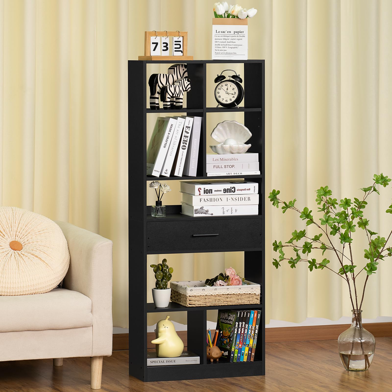 LELELINKY 6 Tier Open Bookshelf Mid Century Modern Bookcase, Wood Book Shelf with 8 Cubes and a Drawer, Floor Freestanding Bookshelves Cube Storage Organizer for Bedroom, Living Room, Office (Black)