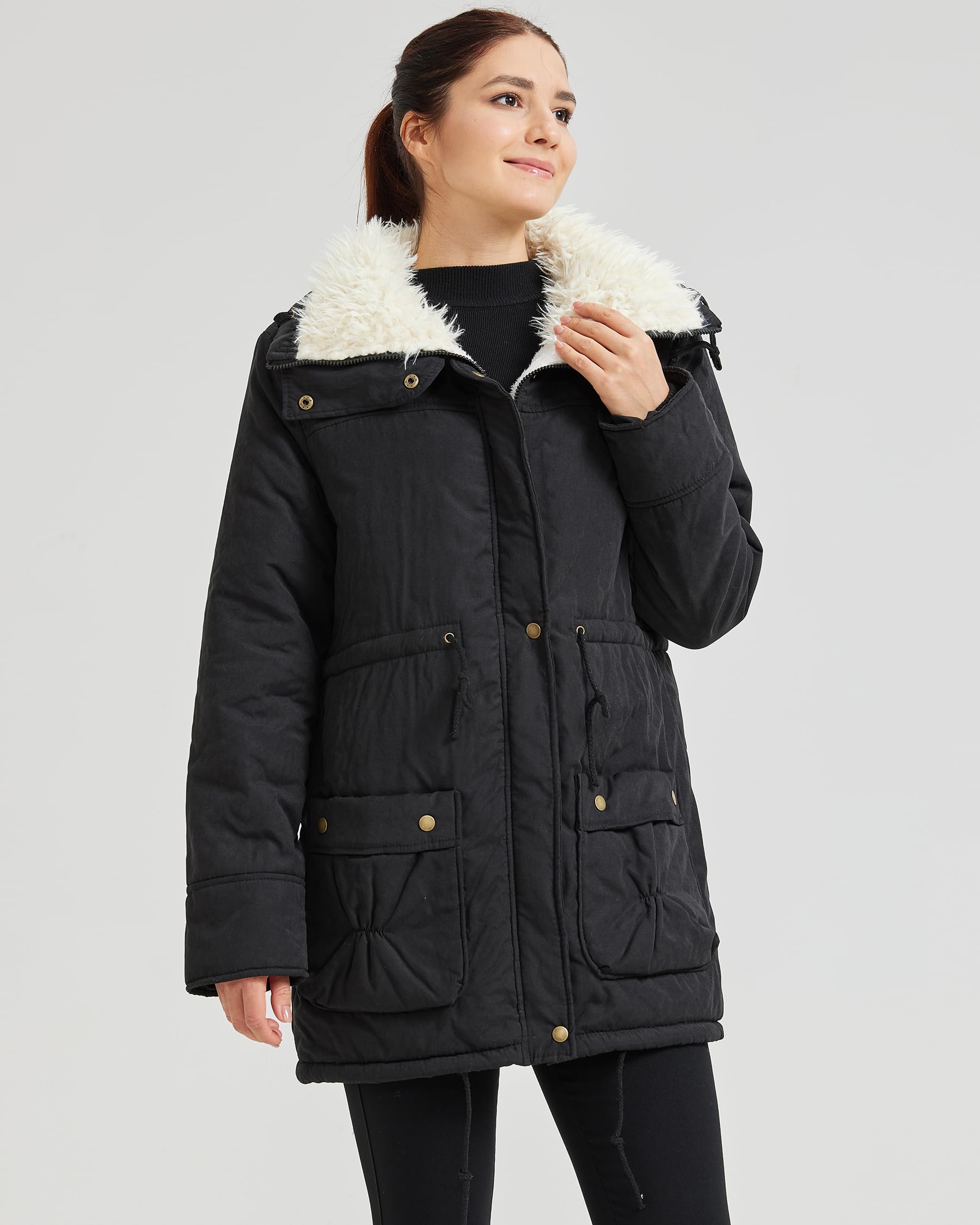 MEWOW Women's Winter Mid Length Thick Warm Faux Lamb Wool Lined Jacket Coat (M, Black)