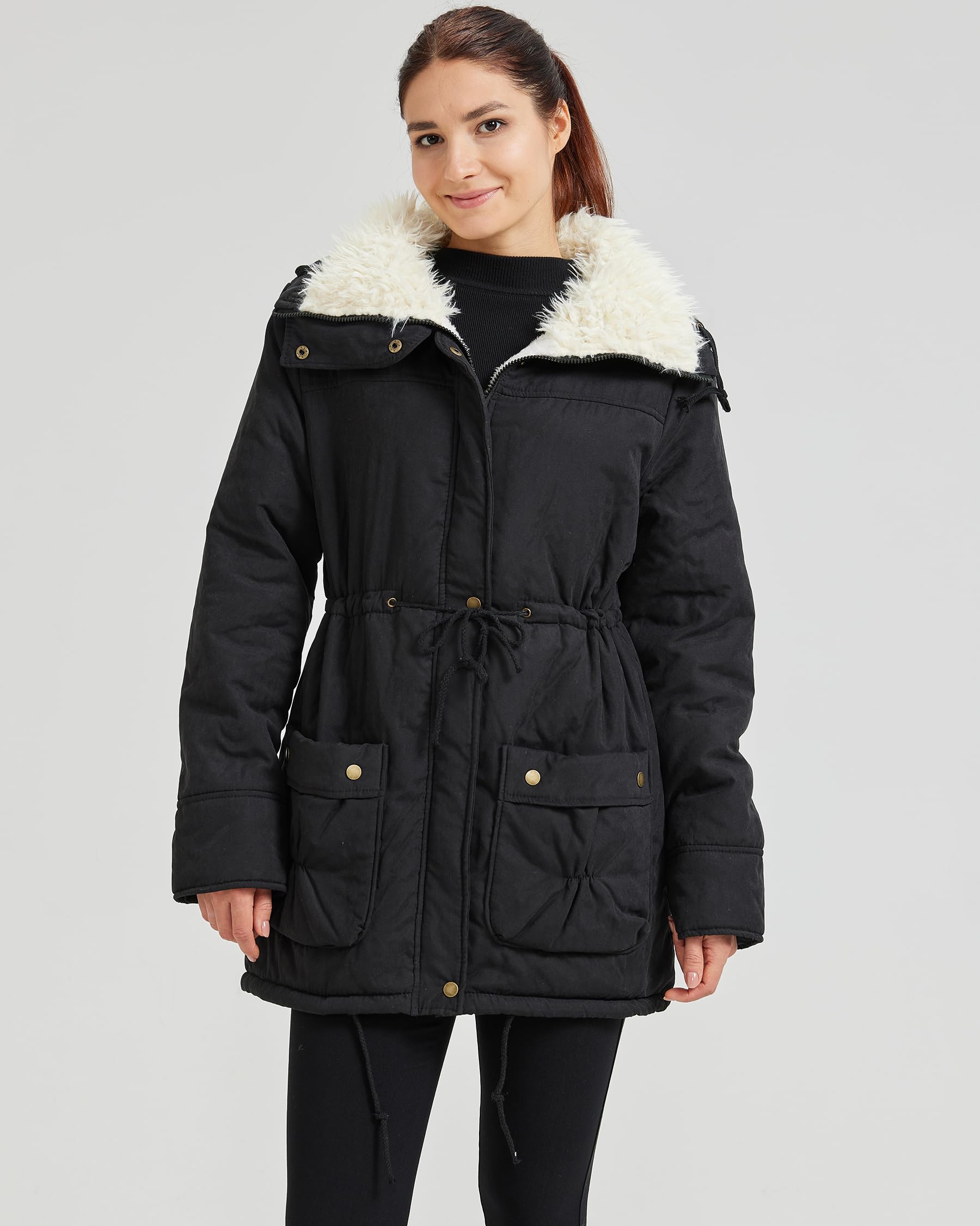 MEWOW Women's Winter Mid Length Thick Warm Faux Lamb Wool Lined Jacket Coat (M, Black)