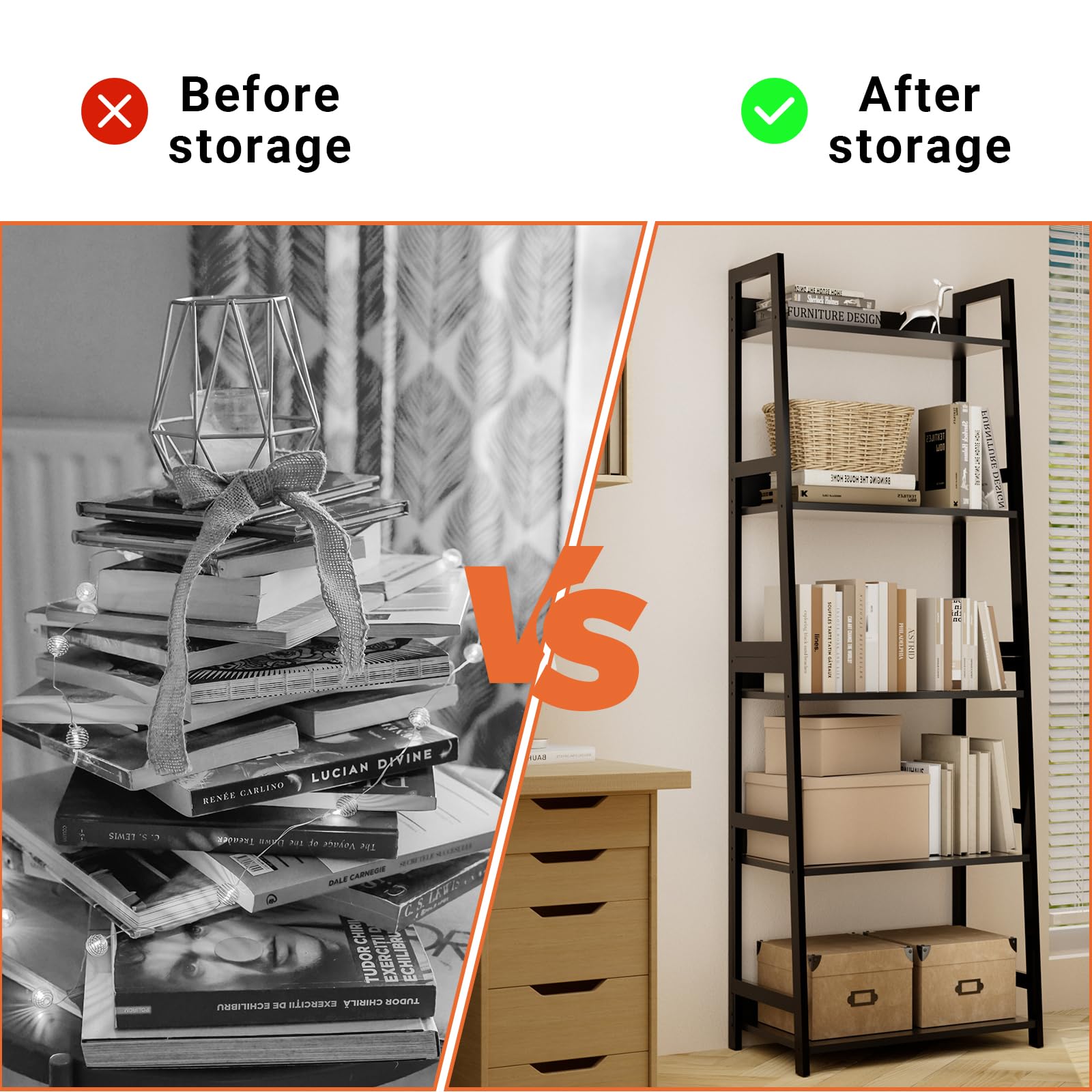 PPN Bookshelf - 5-Tier Tall Bookcase - Ladder Shelf for Bedroom/Living Room/Home Office - Black
