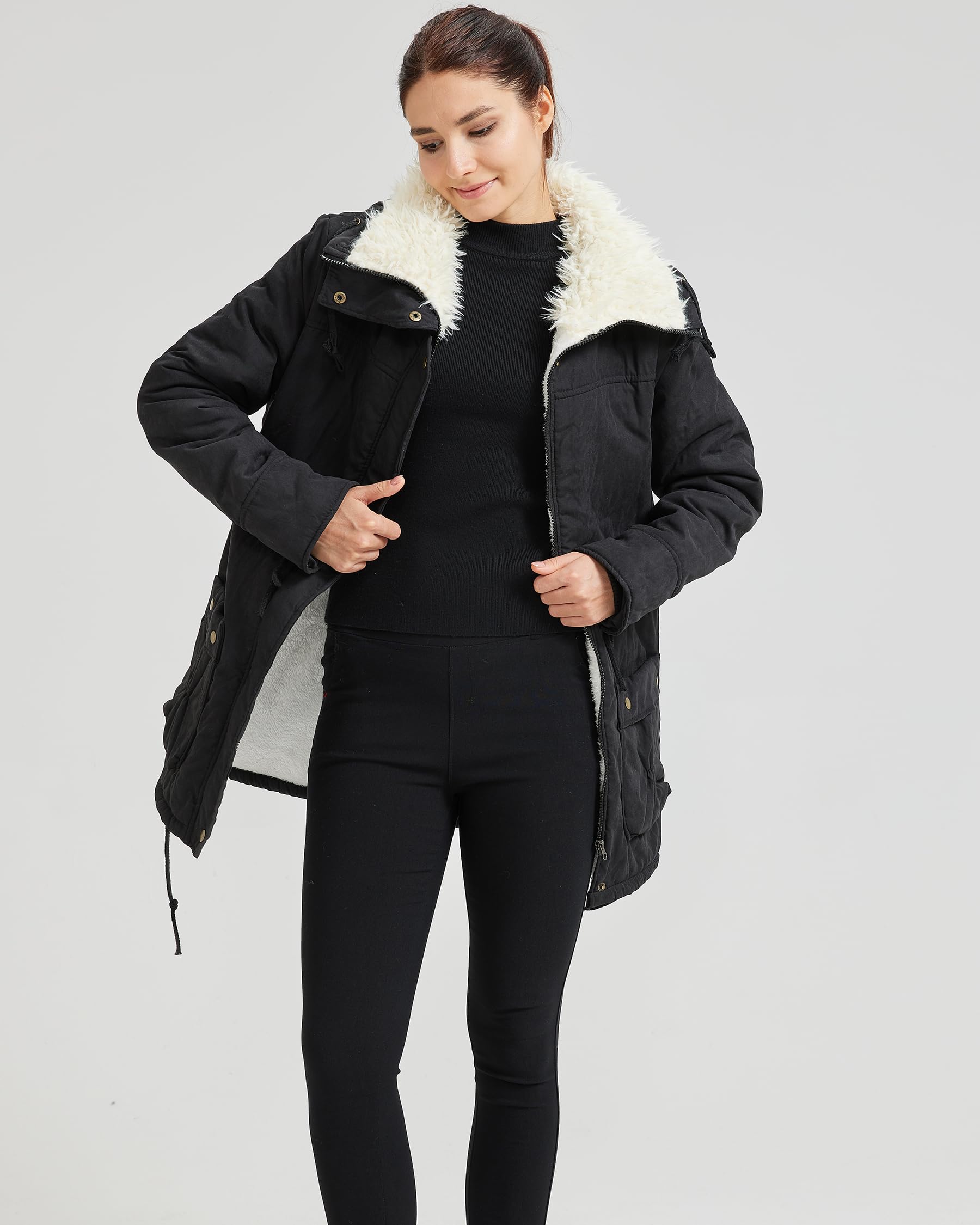 MEWOW Women's Winter Mid Length Thick Warm Faux Lamb Wool Lined Jacket Coat (M, Black)