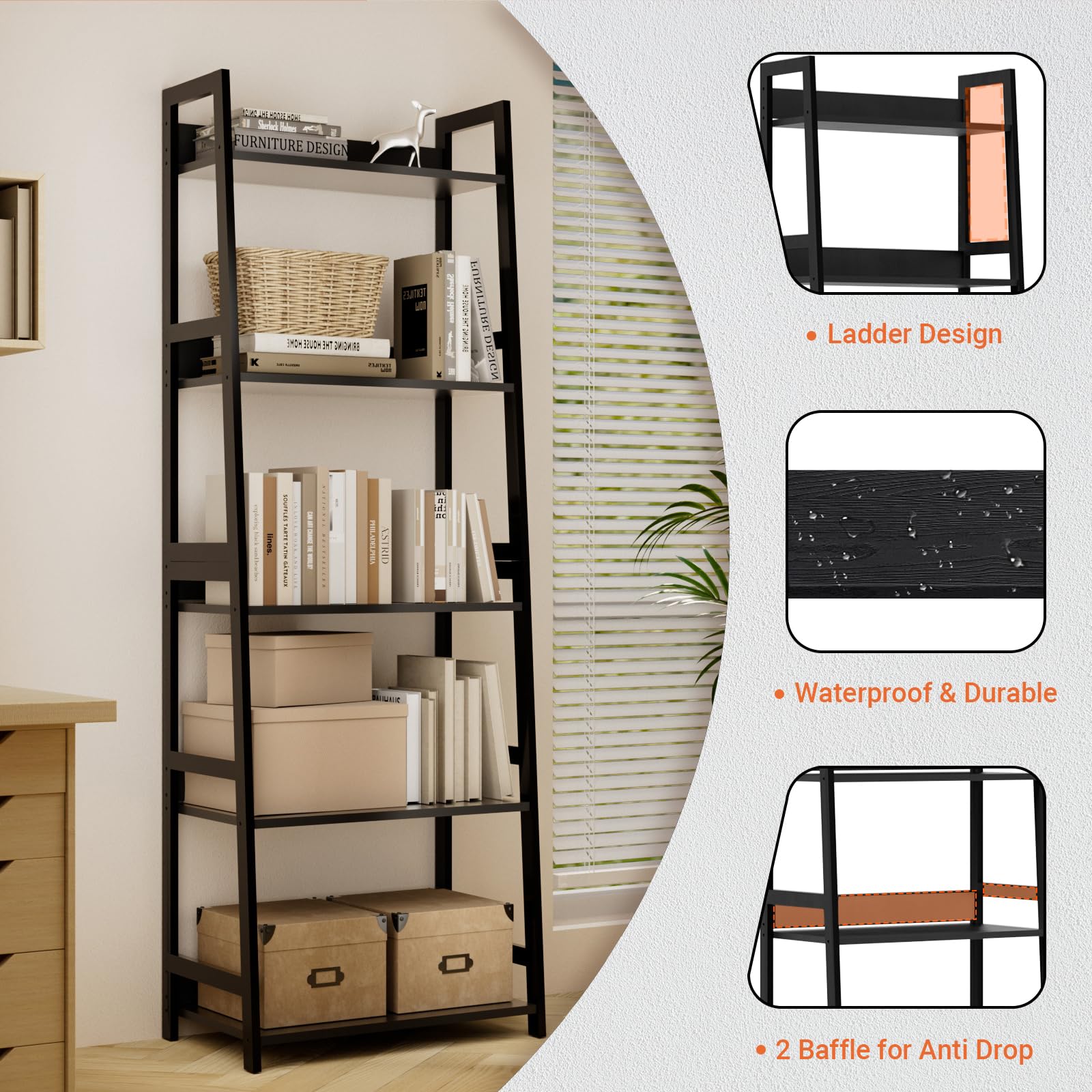 PPN Bookshelf - 5-Tier Tall Bookcase - Ladder Shelf for Bedroom/Living Room/Home Office - Black