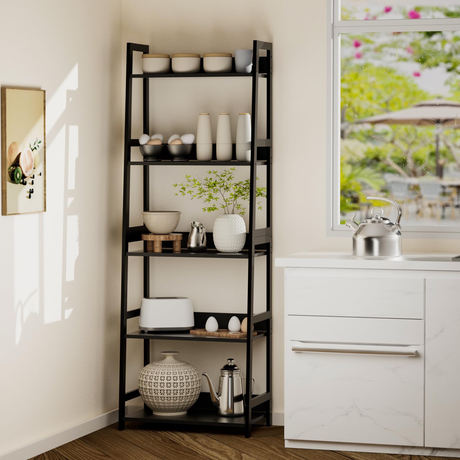 PPN Bookshelf - 5-Tier Tall Bookcase - Ladder Shelf for Bedroom/Living Room/Home Office - Black