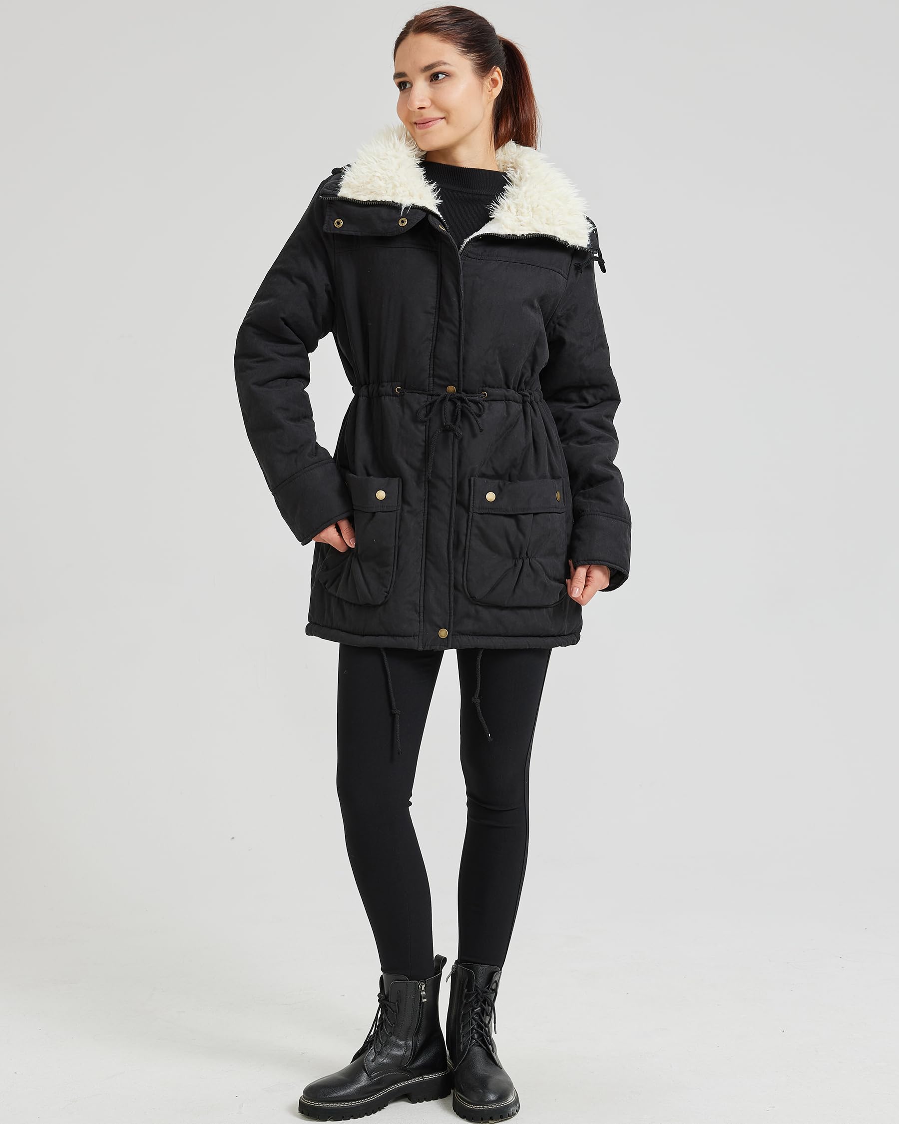 MEWOW Women's Winter Mid Length Thick Warm Faux Lamb Wool Lined Jacket Coat (M, Black)