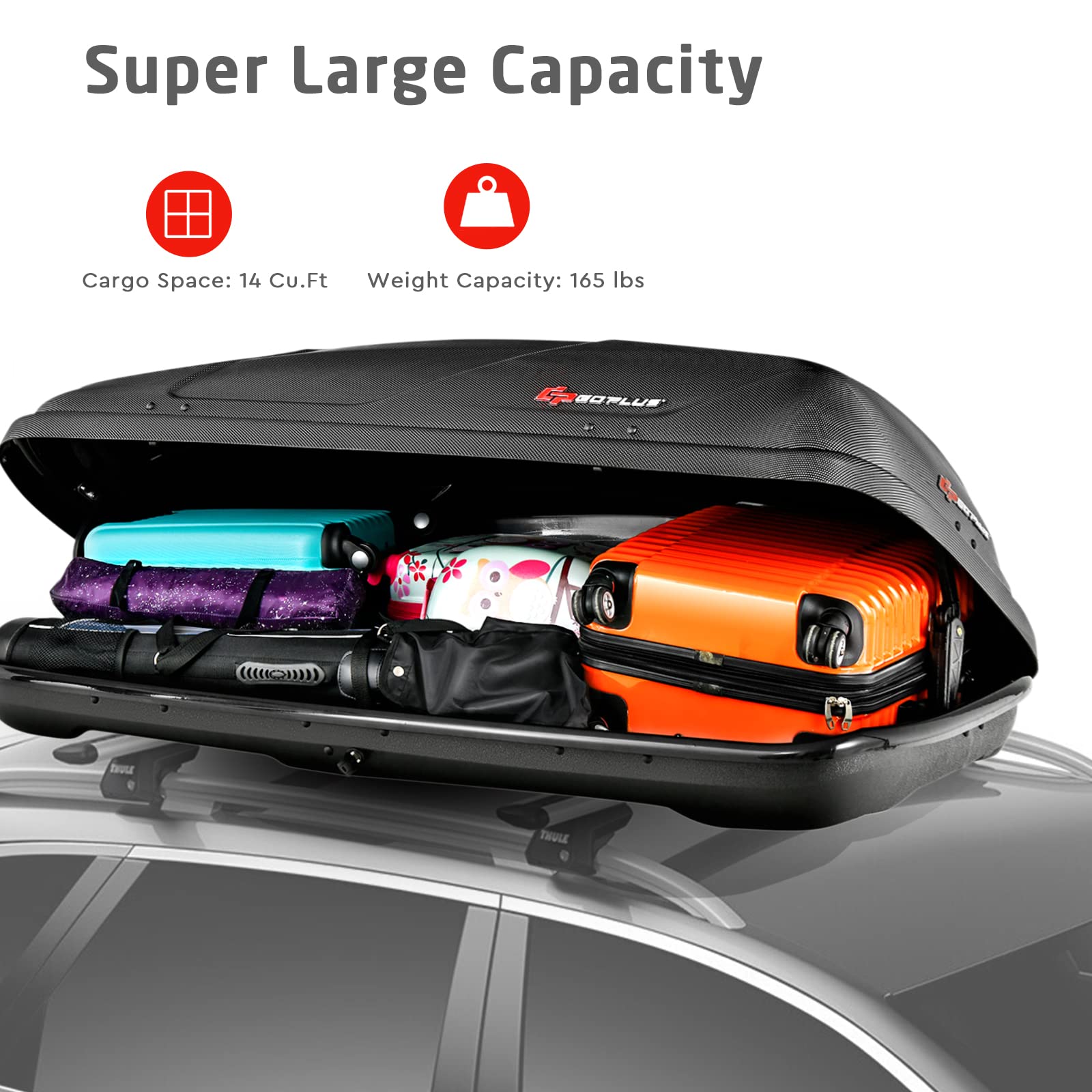 Goplus Rooftop Cargo Carrier Hard Shell, 14 Cubic Feet Waterproof Car Roof Cargo Carrier w/Dual Side Opening, Security Key, 165LBS Capacity, for 17β to 22.8β Wide Crossbar Rack, Vehicle Cargo Box