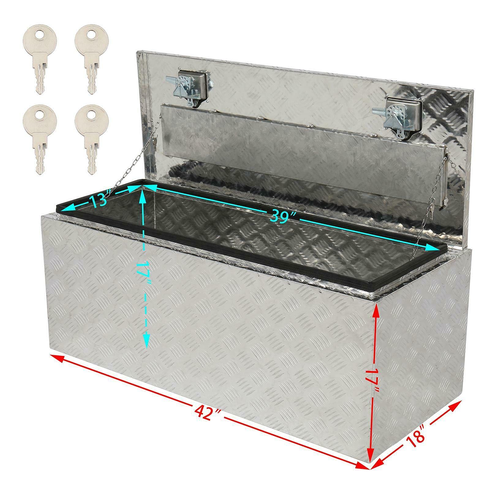 MOTORHOT 42" W x 18" H x 17" D Aluminum Truck Tool Box with Lock & Keys, Diamond Plate Truck Underbody Toolbox Trailer Pickup Truck Bed ATV RV Box Storage Organizer, Silver