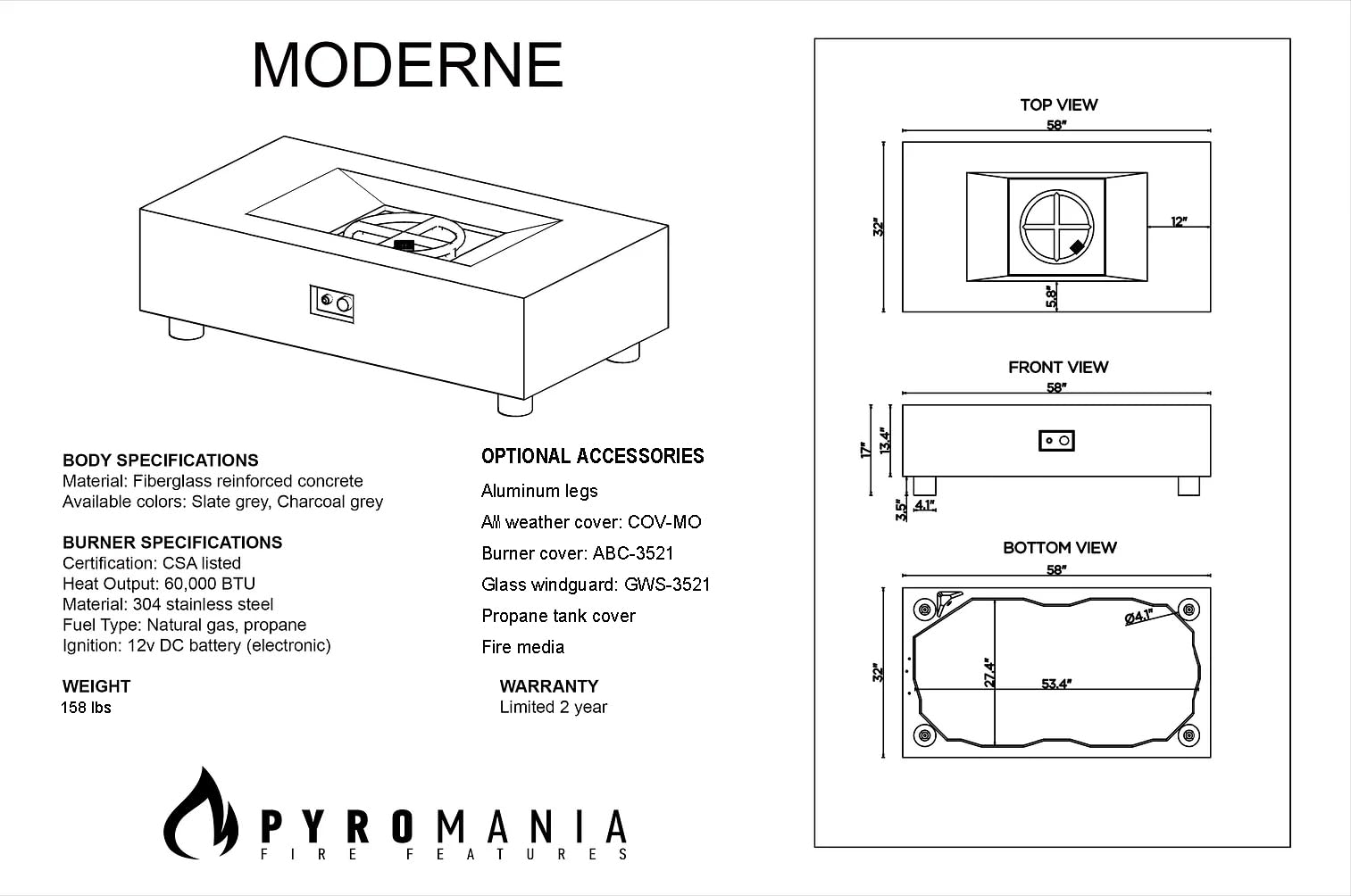 Pyromania Moderne Outdoor Concrete Fire Table, 58 x 32 Inches - Natural Gas Model in Slate Gray Color