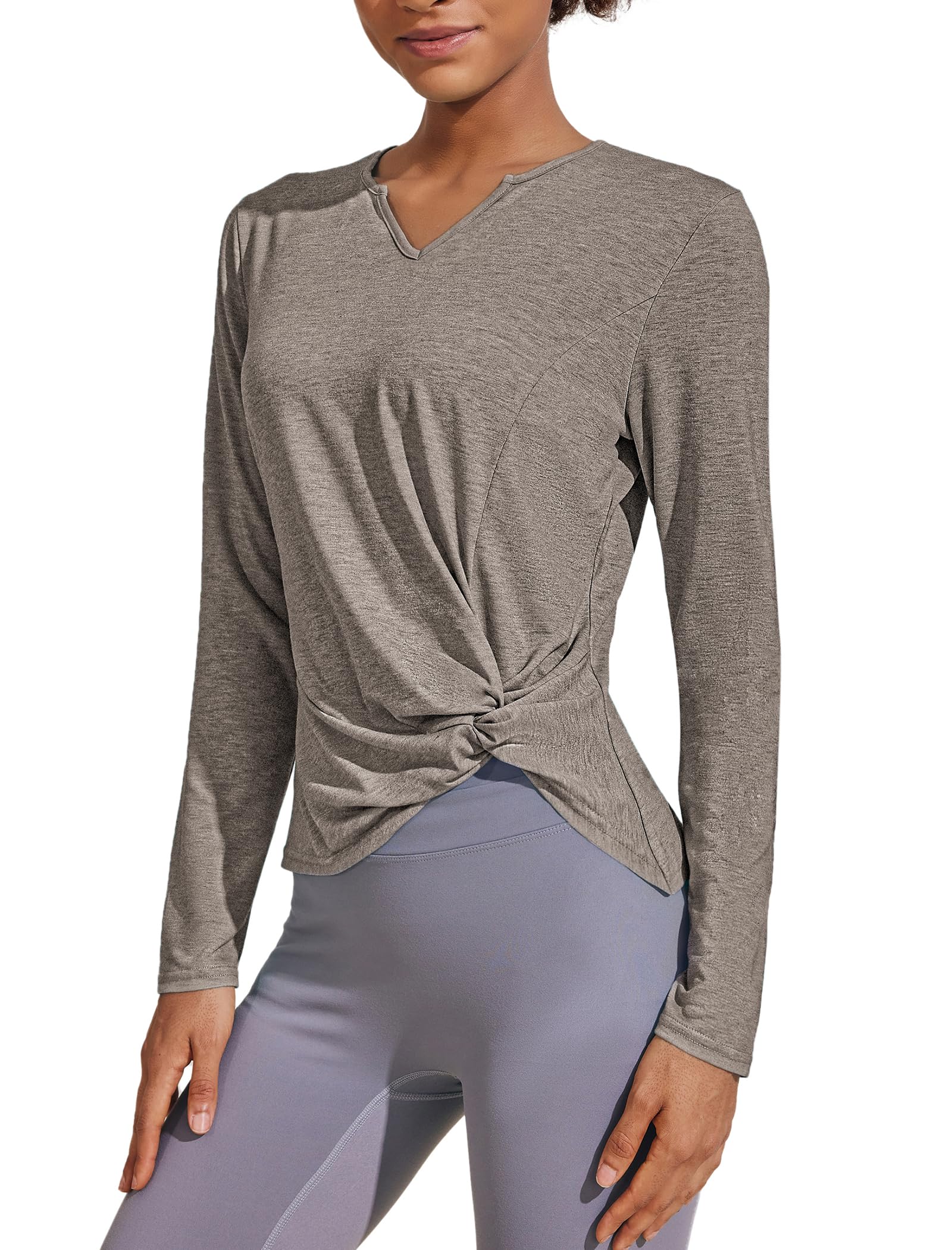 PINSPARK Hiking Shirts for Women Long Sleeve Worktout Tops Athletic Casual Yoga Tee Shirt Breathable Top A_Browm Medium