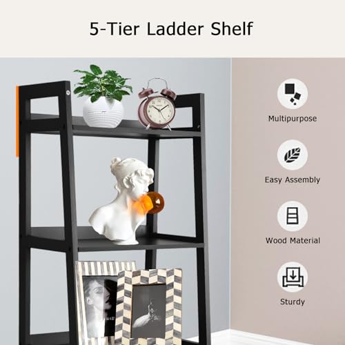 Babion 5-Tier Ladder Open Bookshelf - Pine Wood Freestanding Display Shelf Plant Stand, 51.6" High Floor-Standing Bookcase, Black