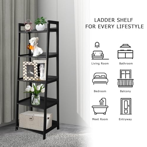 Babion 5-Tier Ladder Open Bookshelf - Pine Wood Freestanding Display Shelf Plant Stand, 51.6" High Floor-Standing Bookcase, Black