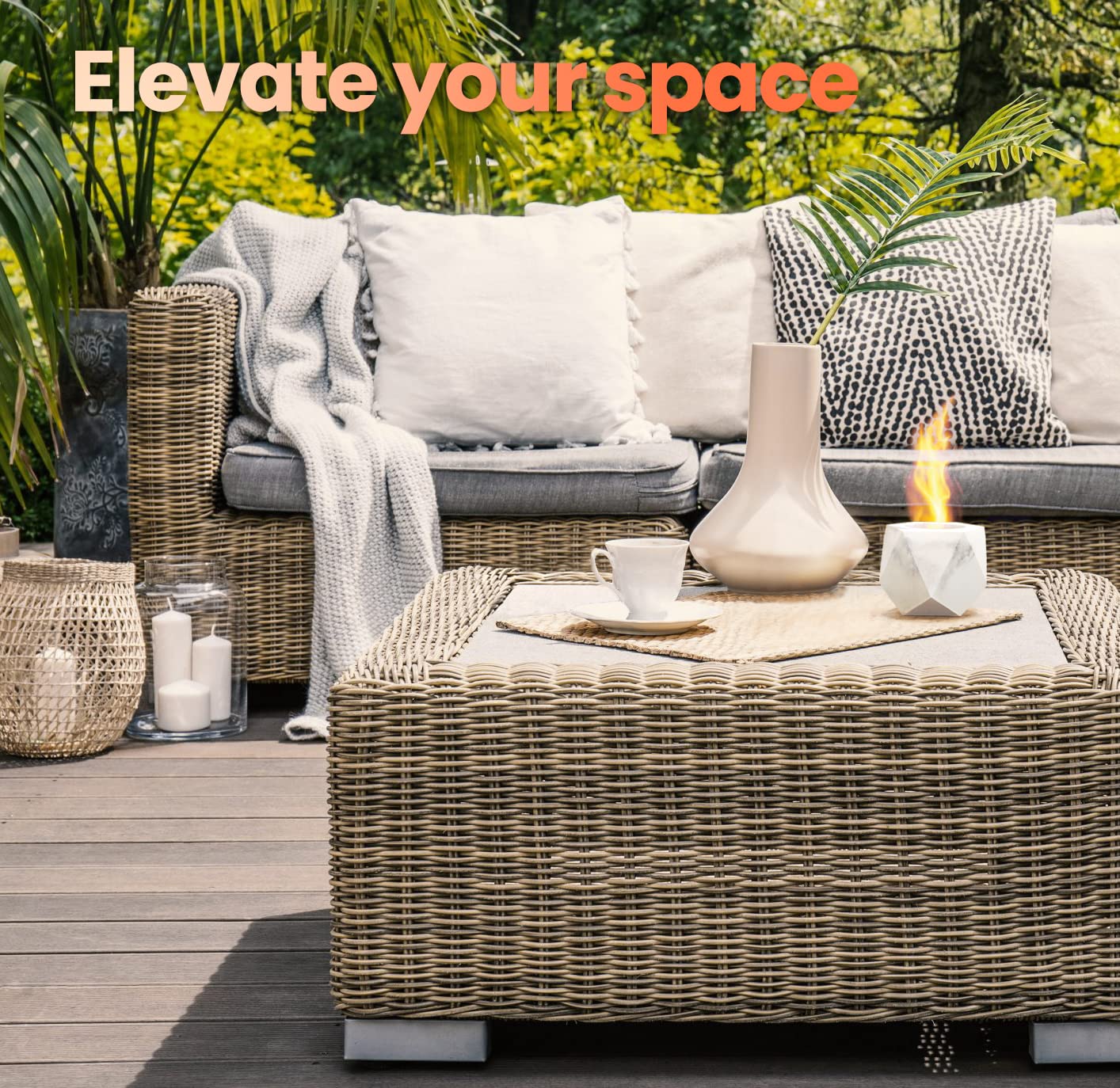 Levaly Tabletop Fire Pit for Indoor Outdoor - White Geometric Smokeless and Odorless Table Top Firepit Bowl - Mini Portable Firebowl - Cement Fireplace - Backyard Patio Balcony Smores,Ethanol Biofuel