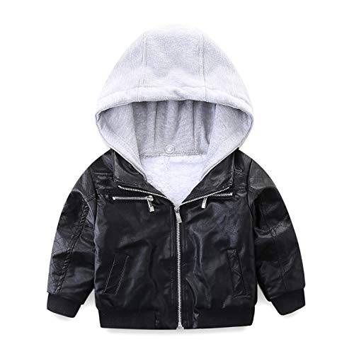 Mud Kingdom Little Boys Leather Jacket with Hood Fur Lined Size 6 Black