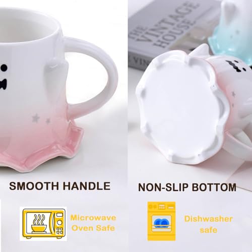 Mycheny Funny Halloween Pink Ghost Shape Ceramic Coffee Cup (14 oz), Cute Cartoon Little Elf Cup