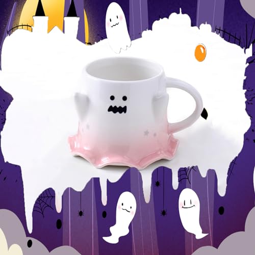 Mycheny Funny Halloween Pink Ghost Shape Ceramic Coffee Cup (14 oz), Cute Cartoon Little Elf Cup