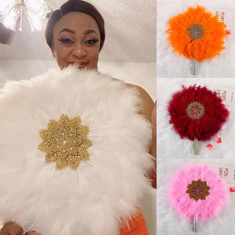 1PC Turkey Feather Hand Fan with Stones Feathers One-Sided Fan African For Dance Wedding Decoration