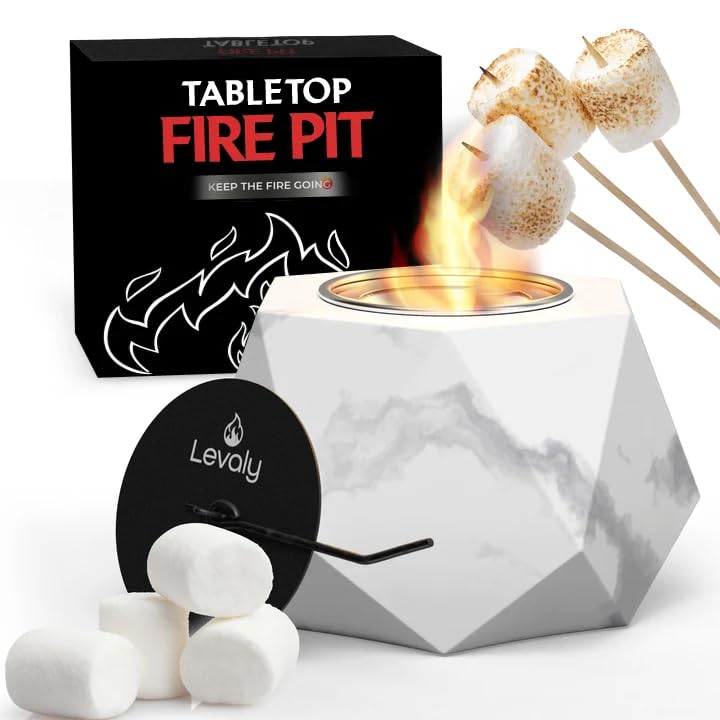 Levaly Tabletop Fire Pit for Indoor Outdoor - White Geometric Smokeless and Odorless Table Top Firepit Bowl - Mini Portable Firebowl - Cement Fireplace - Backyard Patio Balcony Smores,Ethanol Biofuel