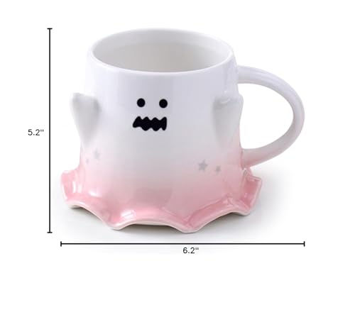 Mycheny Funny Halloween Pink Ghost Shape Ceramic Coffee Cup (14 oz), Cute Cartoon Little Elf Cup