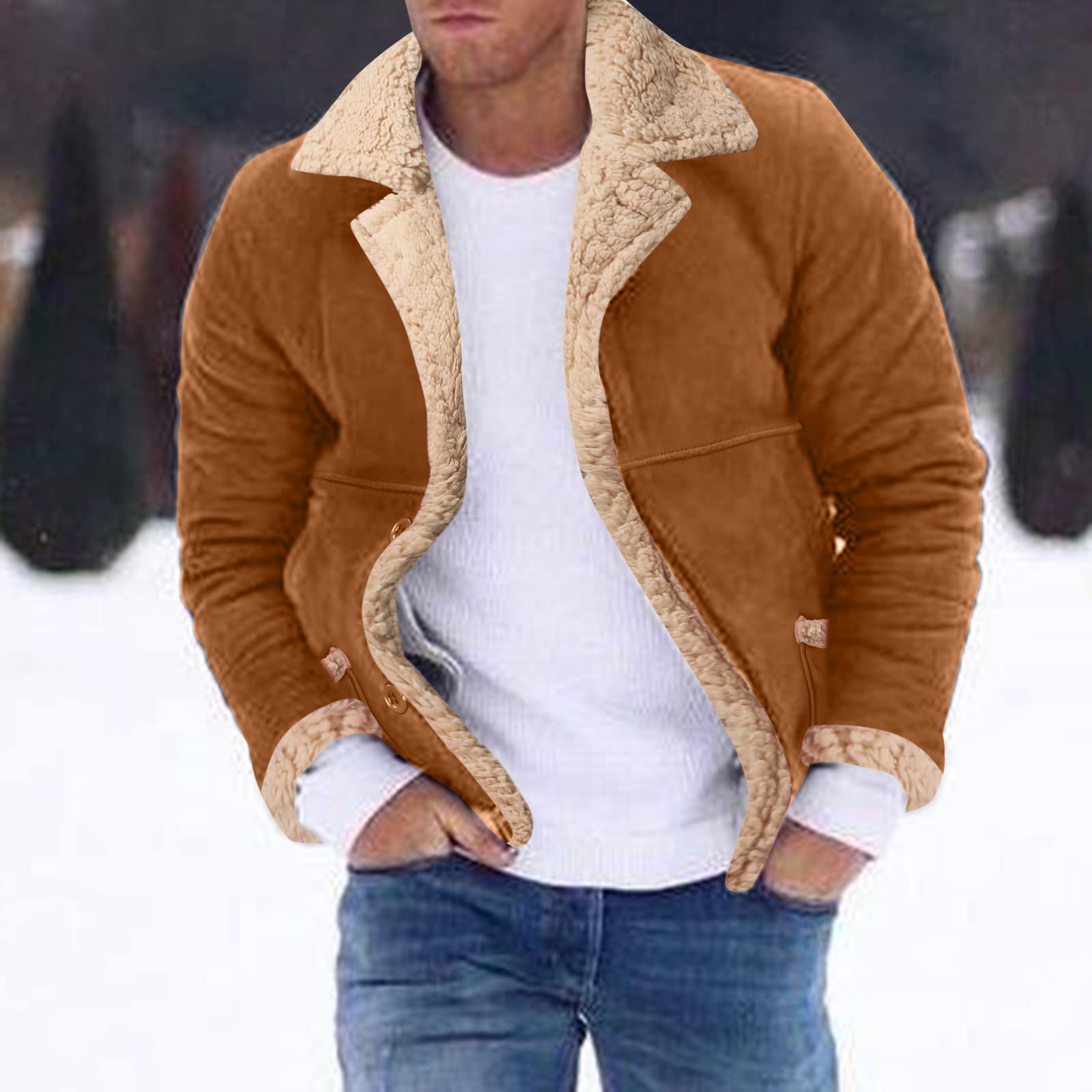 WOSJKDJ Shearling Coat Men Sheepskin Leather Jackets Shearling Fur Lined Bomber Jacket Crop Warm Winter Trench Coat S-5XL