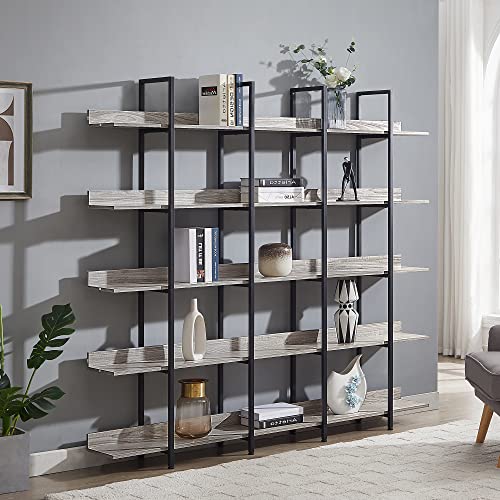 5 Tier Industrial Bookshelf, Triple Wide Wood Bookshelf with Metal Frame, Rustic Etagere Bookcase with Back Panel, Vintage Storage Rack with Open Shelves for Living Room, Bedroom, Study, Black&Gray