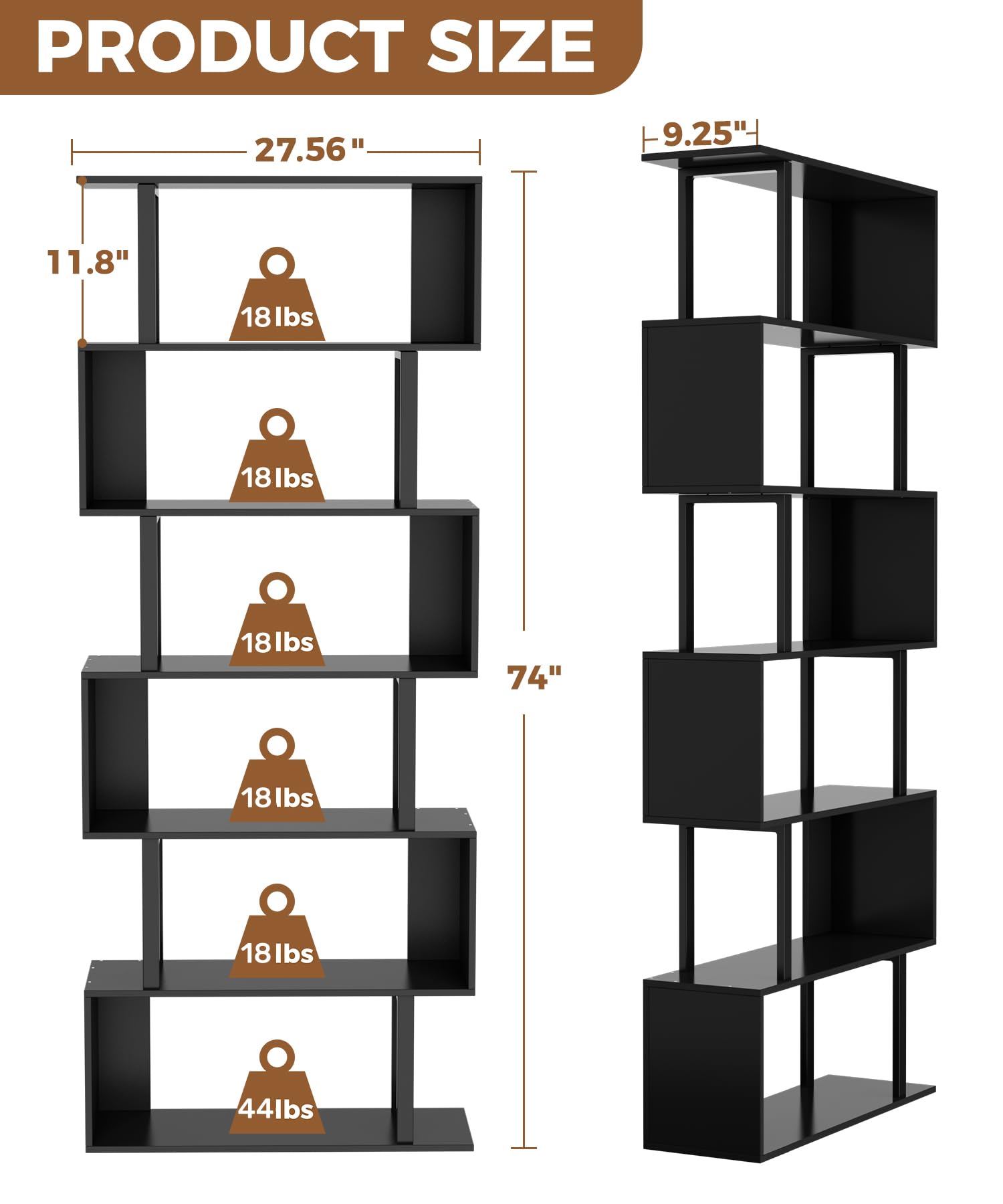 Gadroad 6 Tier Geometric Bookcase, Black Book Shelves, Modern Corner Bookcase Storage Shelf Wood for Bedroom, Living Room, Home Office, Black