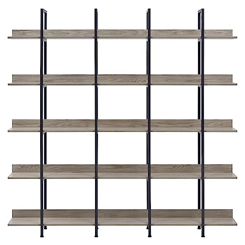 5 Tier Industrial Bookshelf, Triple Wide Wood Bookshelf with Metal Frame, Rustic Etagere Bookcase with Back Panel, Vintage Storage Rack with Open Shelves for Living Room, Bedroom, Study, Black&Gray