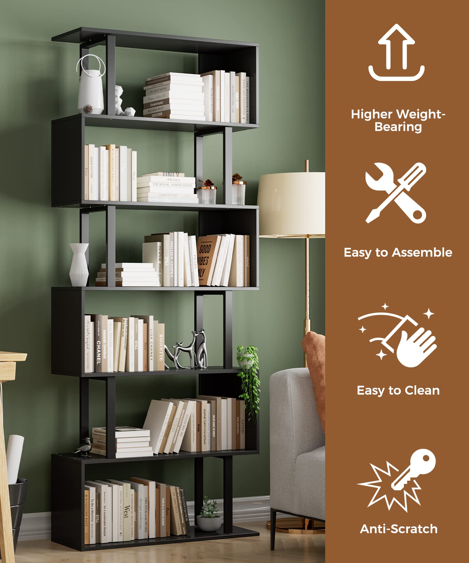 Gadroad 6 Tier Geometric Bookcase, Black Book Shelves, Modern Corner Bookcase Storage Shelf Wood for Bedroom, Living Room, Home Office, Black