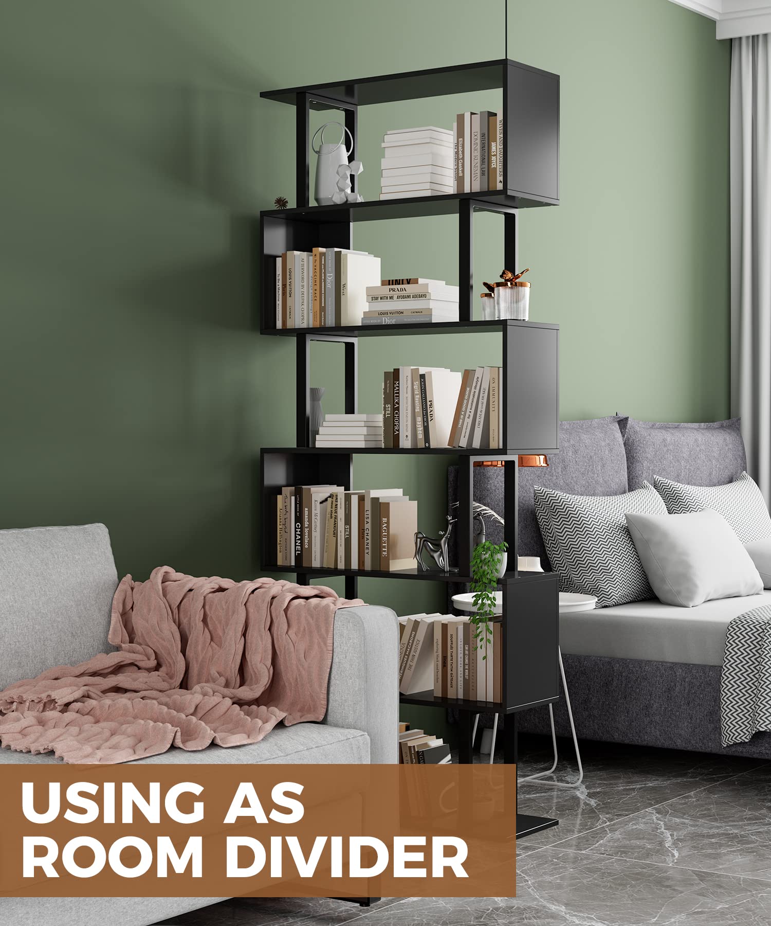 Gadroad 6 Tier Geometric Bookcase, Black Book Shelves, Modern Corner Bookcase Storage Shelf Wood for Bedroom, Living Room, Home Office, Black