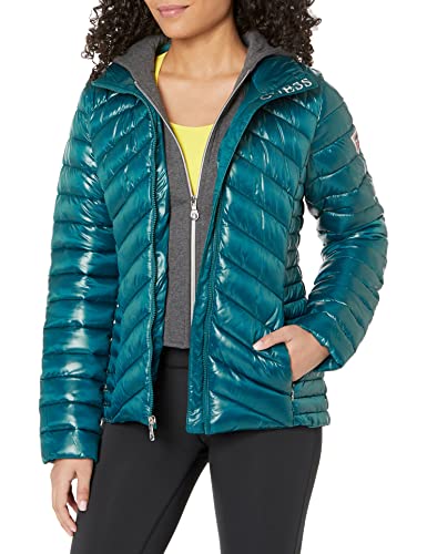 GUESS womens Hooded Packable Puffer Transitional Jacket, Emerald, Medium US
