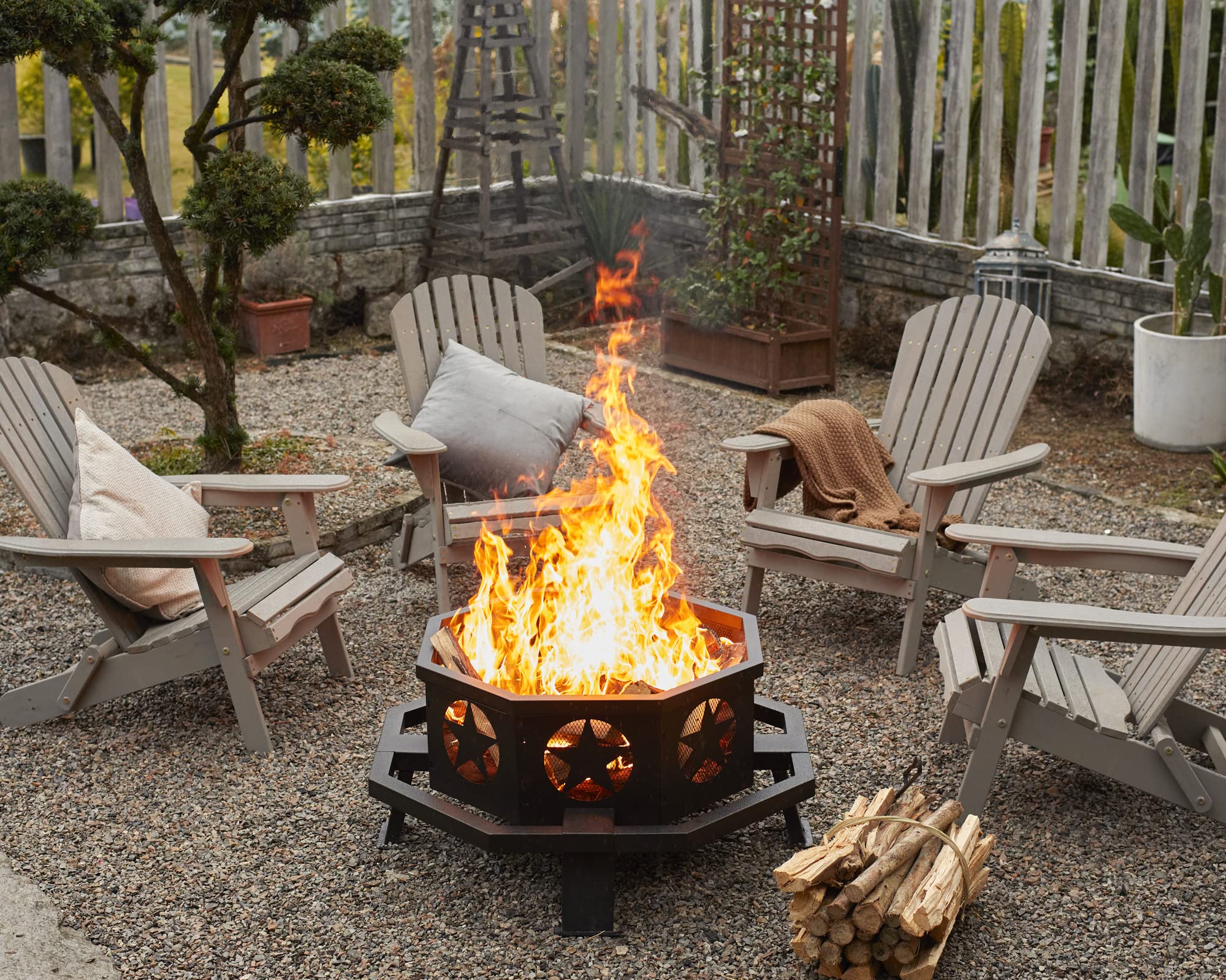 fissfire 35 inch Fire Pit, Outdoor Wood Burning Fire Pit Octagonal Heavy Duty Firepit for Camping, Backyard, Patio, Black