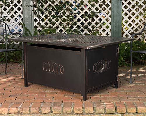 Fire Sense 62743 Dynasty Art Deco Aluminum Convertible Gas Fire Pit Table 55000 BTU Multi-Functional Outdoor Firepit with Fire Bowl Lid, Nylon Cover & Clear Fire Glass Bronze Finish - Rectangular 48"