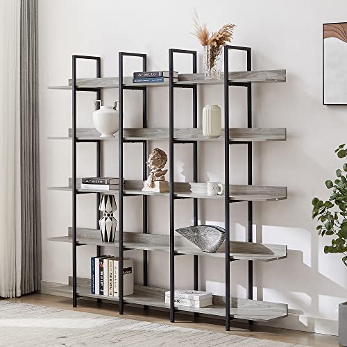 5 Tier Industrial Bookshelf, Triple Wide Wood Bookshelf with Metal Frame, Rustic Etagere Bookcase with Back Panel, Vintage Storage Rack with Open Shelves for Living Room, Bedroom, Study, Black&Gray