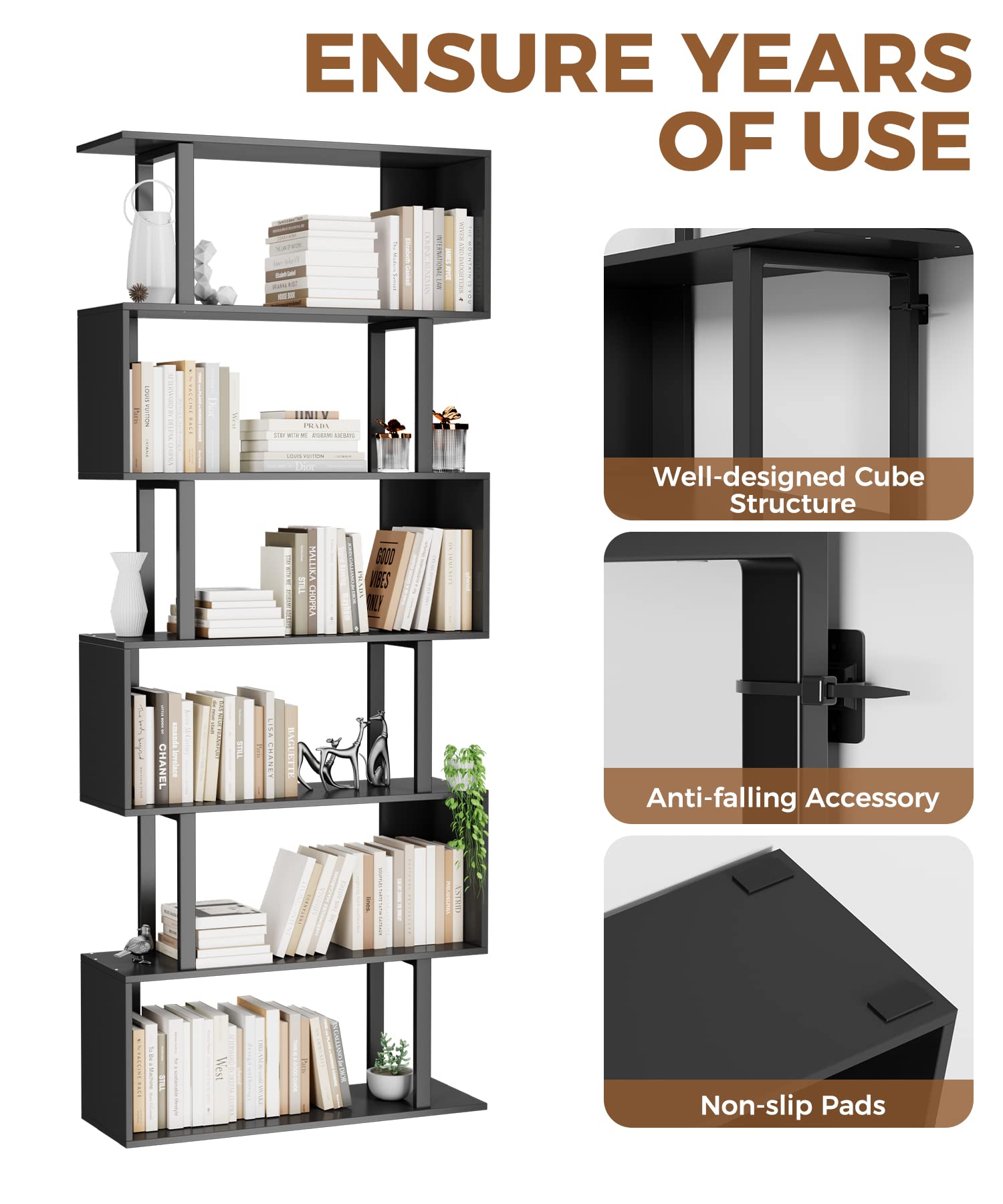 Gadroad 6 Tier Geometric Bookcase, Black Book Shelves, Modern Corner Bookcase Storage Shelf Wood for Bedroom, Living Room, Home Office, Black