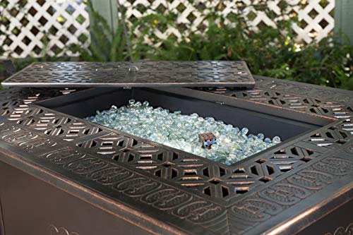Fire Sense 62743 Dynasty Art Deco Aluminum Convertible Gas Fire Pit Table 55000 BTU Multi-Functional Outdoor Firepit with Fire Bowl Lid, Nylon Cover & Clear Fire Glass Bronze Finish - Rectangular 48"