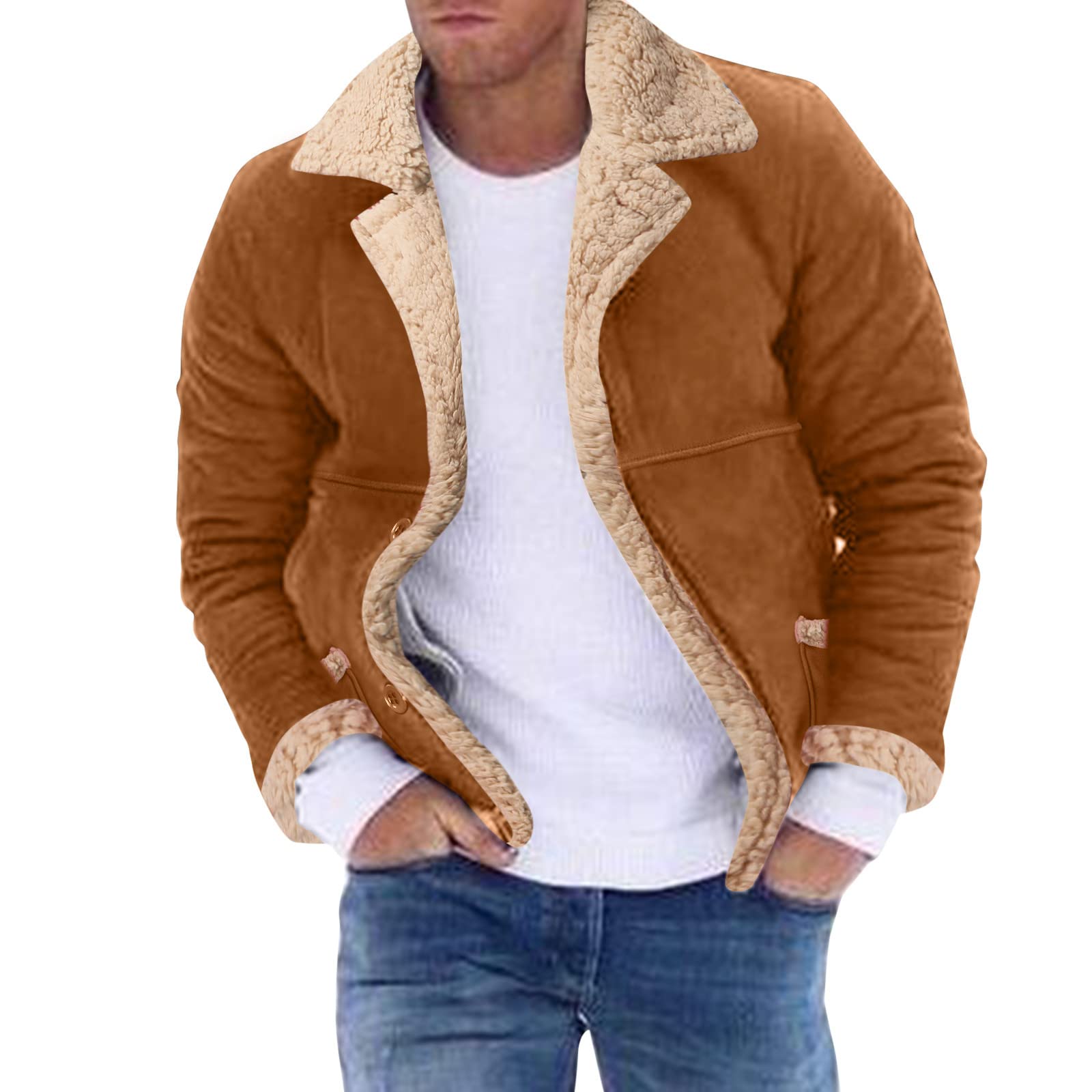 WOSJKDJ Shearling Coat Men Sheepskin Leather Jackets Shearling Fur Lined Bomber Jacket Crop Warm Winter Trench Coat S-5XL