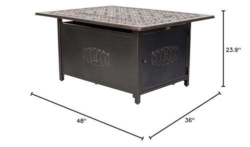 Fire Sense 62743 Dynasty Art Deco Aluminum Convertible Gas Fire Pit Table 55000 BTU Multi-Functional Outdoor Firepit with Fire Bowl Lid, Nylon Cover & Clear Fire Glass Bronze Finish - Rectangular 48"