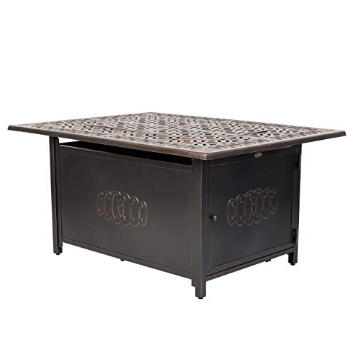 Fire Sense 62743 Dynasty Art Deco Aluminum Convertible Gas Fire Pit Table 55000 BTU Multi-Functional Outdoor Firepit with Fire Bowl Lid, Nylon Cover & Clear Fire Glass Bronze Finish - Rectangular 48"